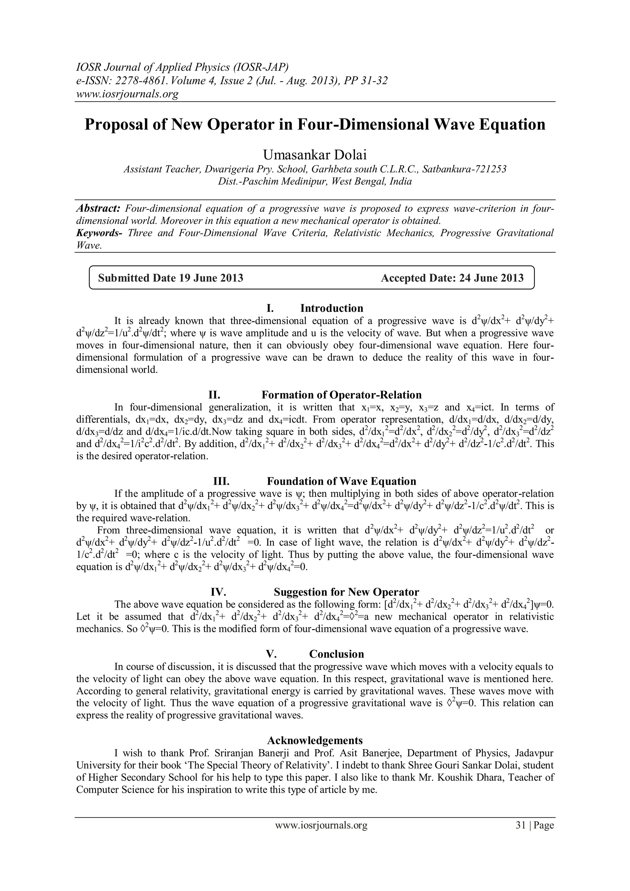 Proposal of New Operator in Four-Dimensional Wave Equation | PDF ...