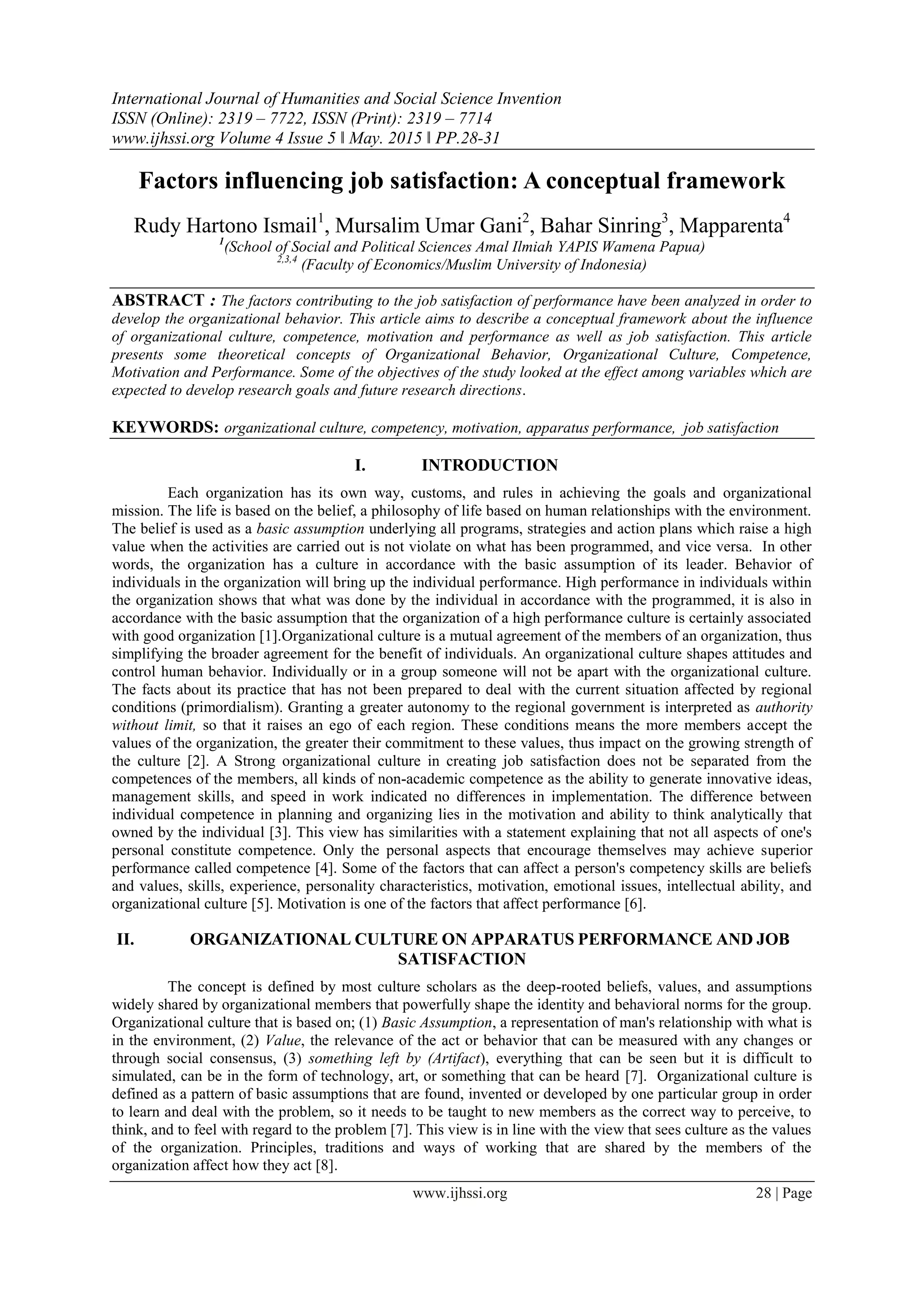 Factors influencing job satisfaction: A conceptual framework | PDF