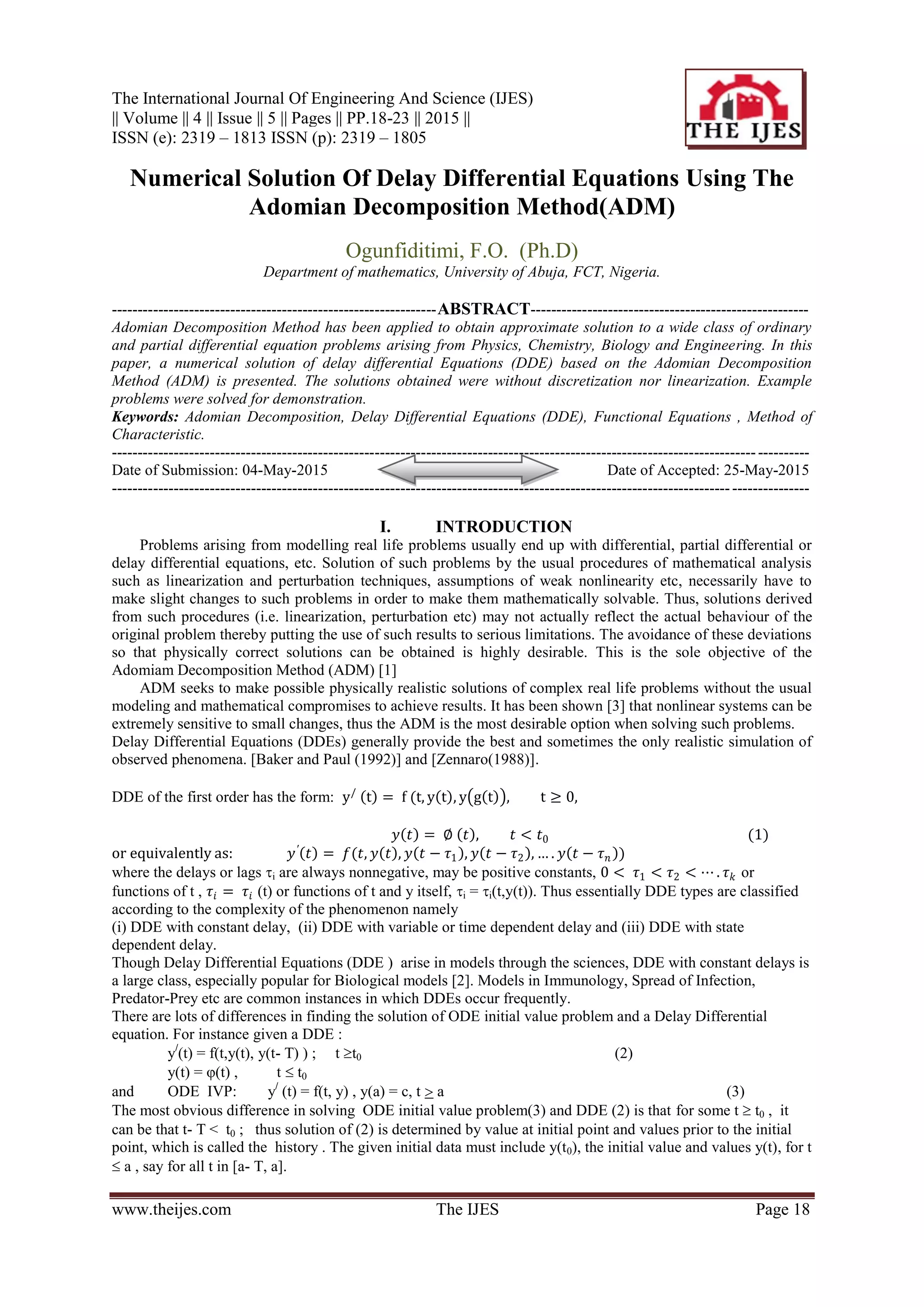 Numerical Solution Of Delay Differential Equations Using The Adomian Decomposition Methodadm