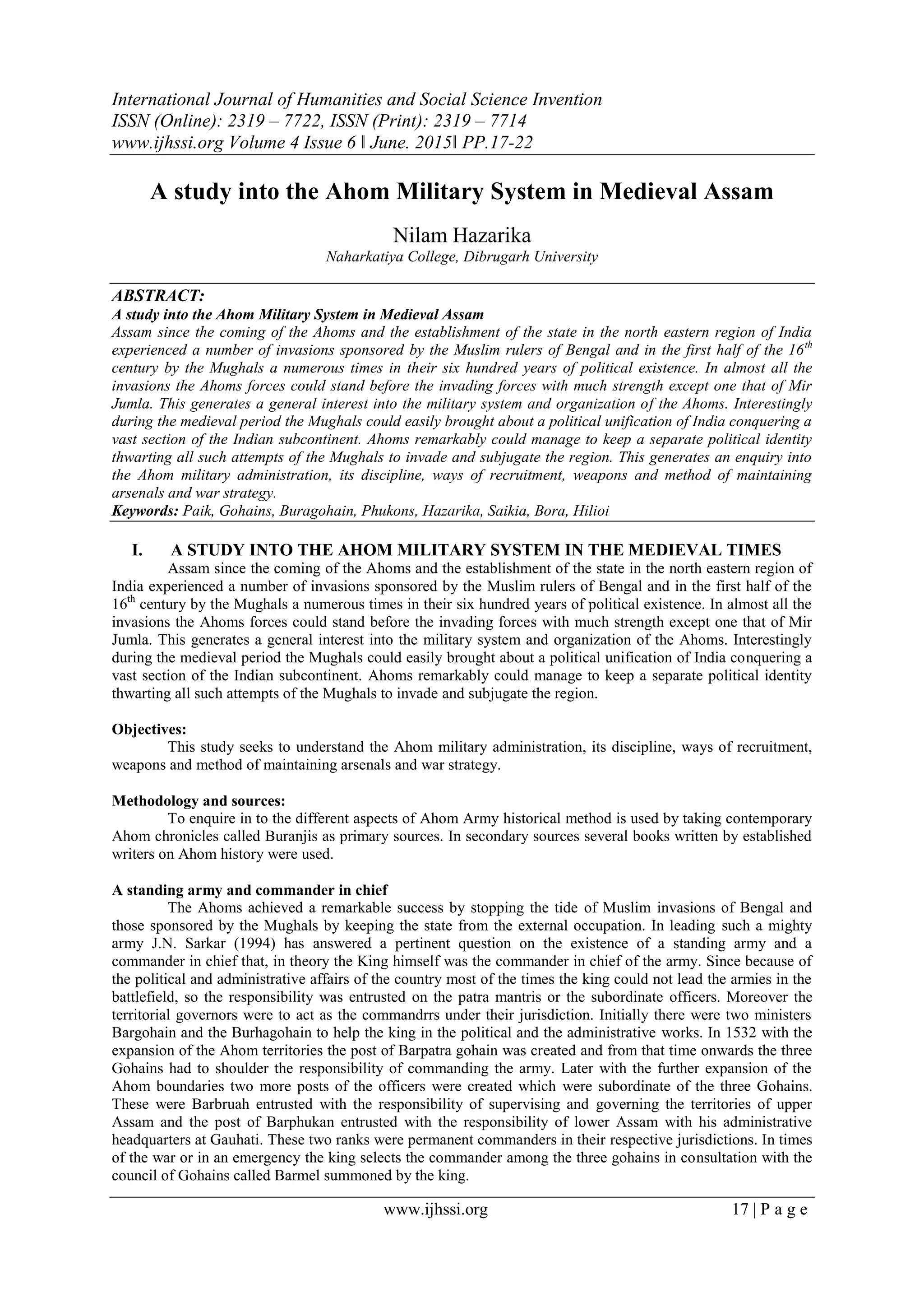 A study into the Ahom Military System in Medieval Assam | PDF