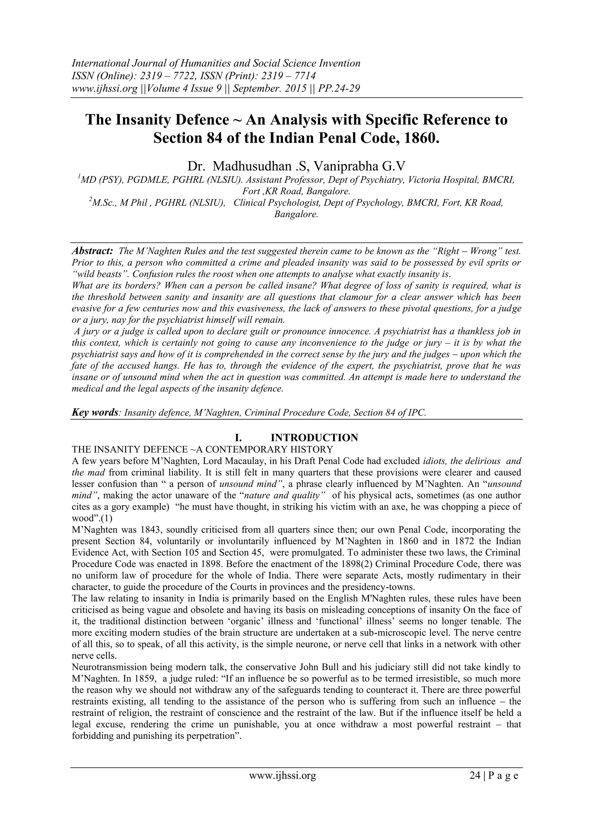 The Insanity Defence ~ An Analysis with Specific Reference to Section ...