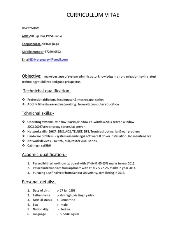 resume. raviyadav | DOCX | Computer Networking | Computing