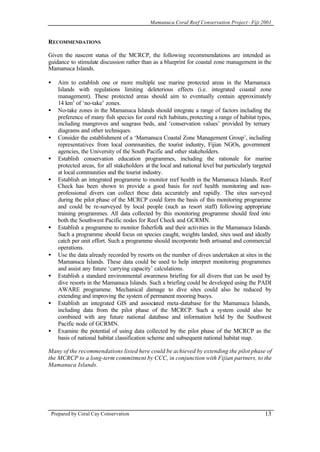 Mamanuca Coral Reef Conservation Project - Fiji 2001 - Report Summary | PDF