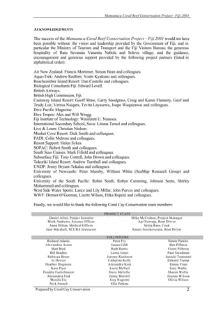 Mamanuca Coral Reef Conservation Project - Fiji 2001 - Report Summary | PDF