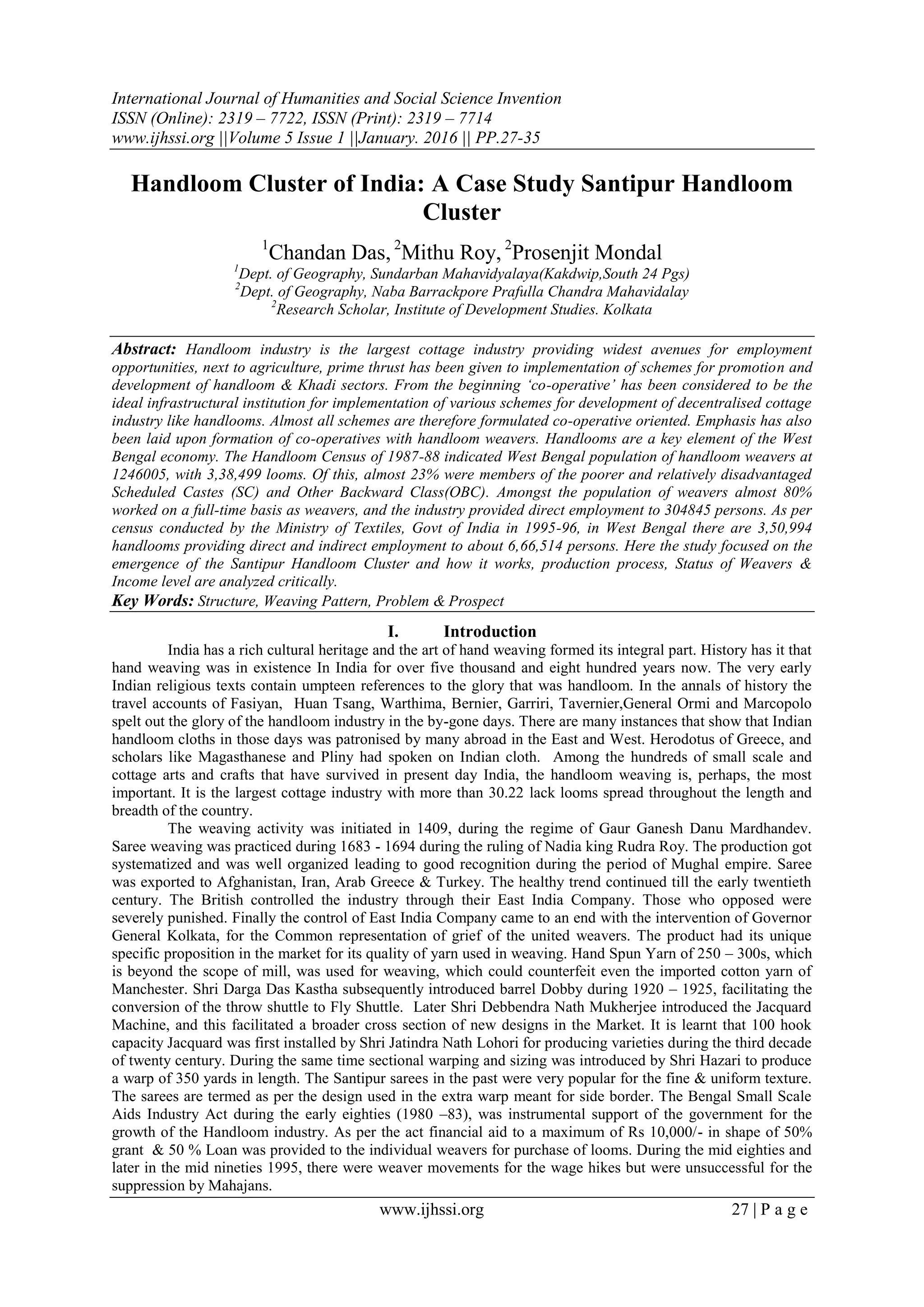 Handloom Cluster of India: A Case Study Santipur Handloom Cluster | PDF