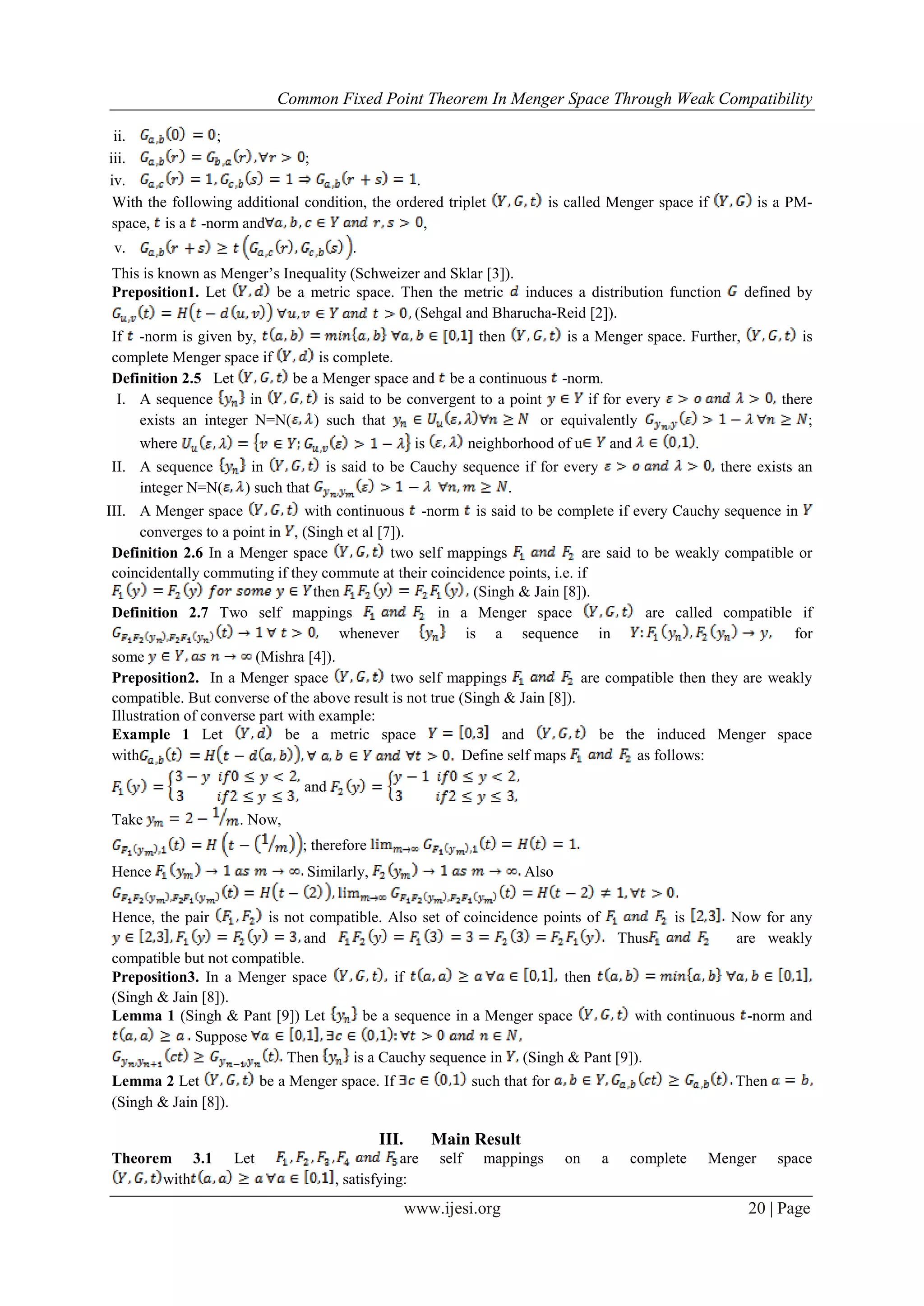 Common Fixed Point Theorem in Menger Space through weak Compatibility | PDF