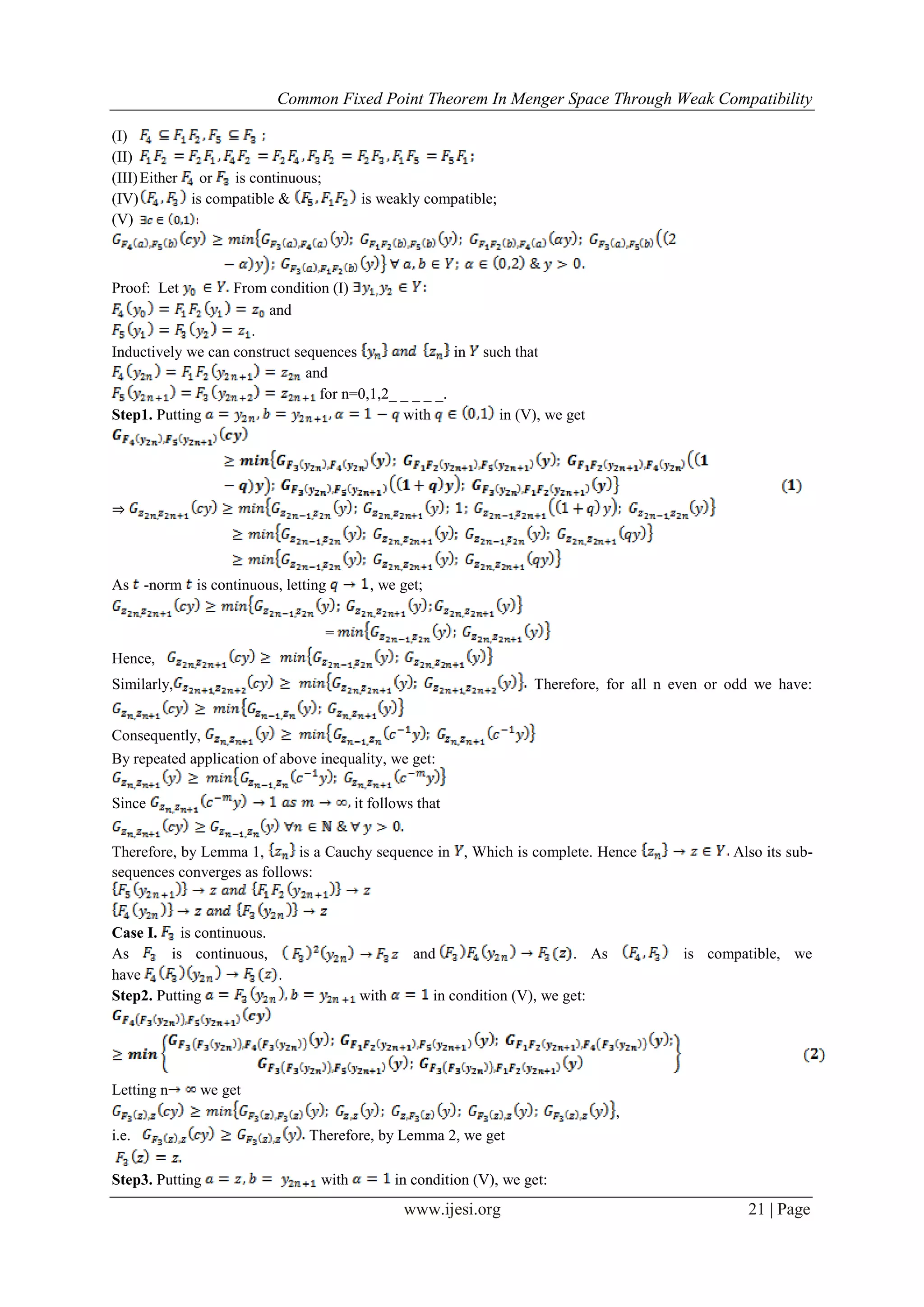 Common Fixed Point Theorem in Menger Space through weak Compatibility | PDF
