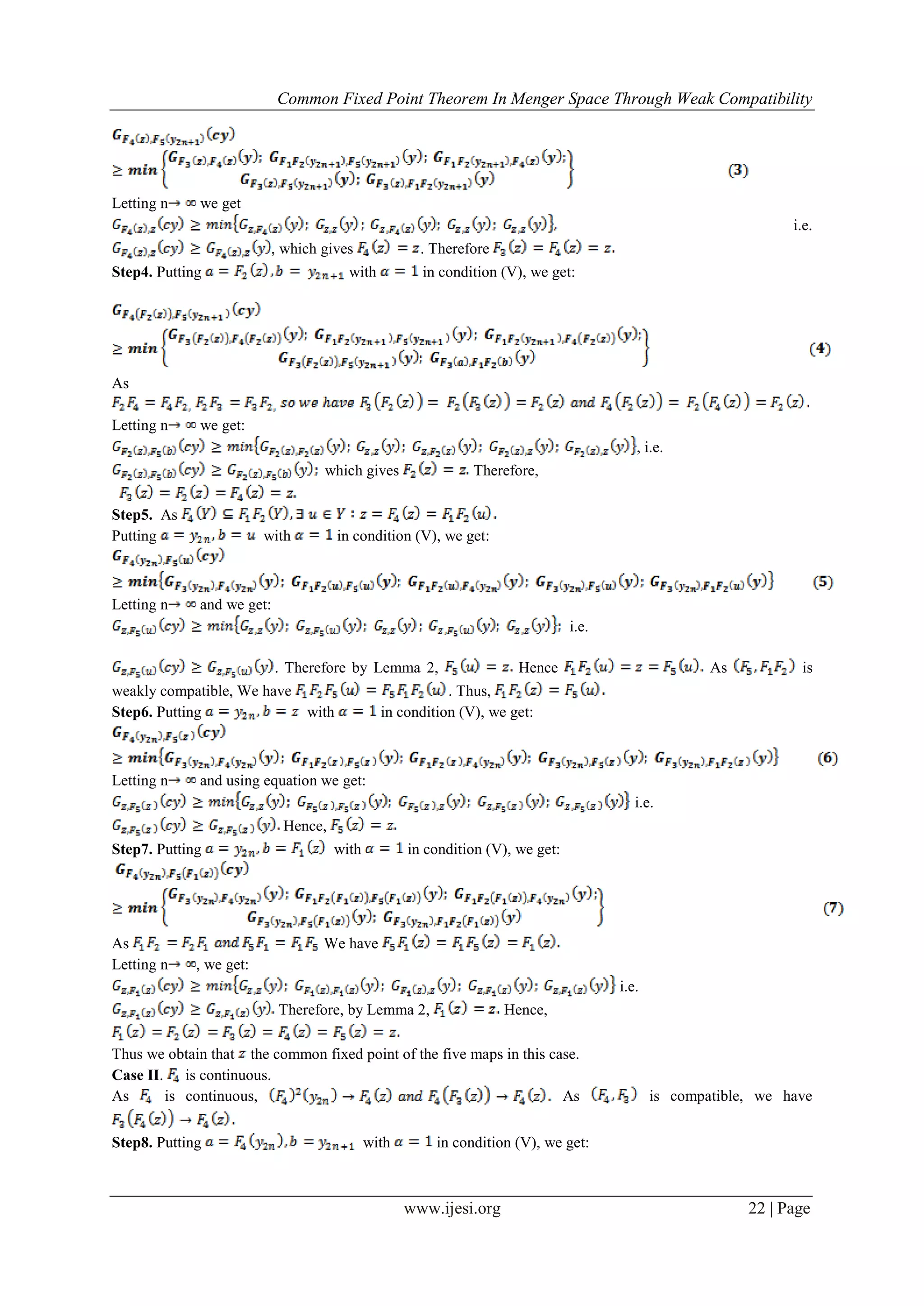 Common Fixed Point Theorem in Menger Space through weak Compatibility | PDF
