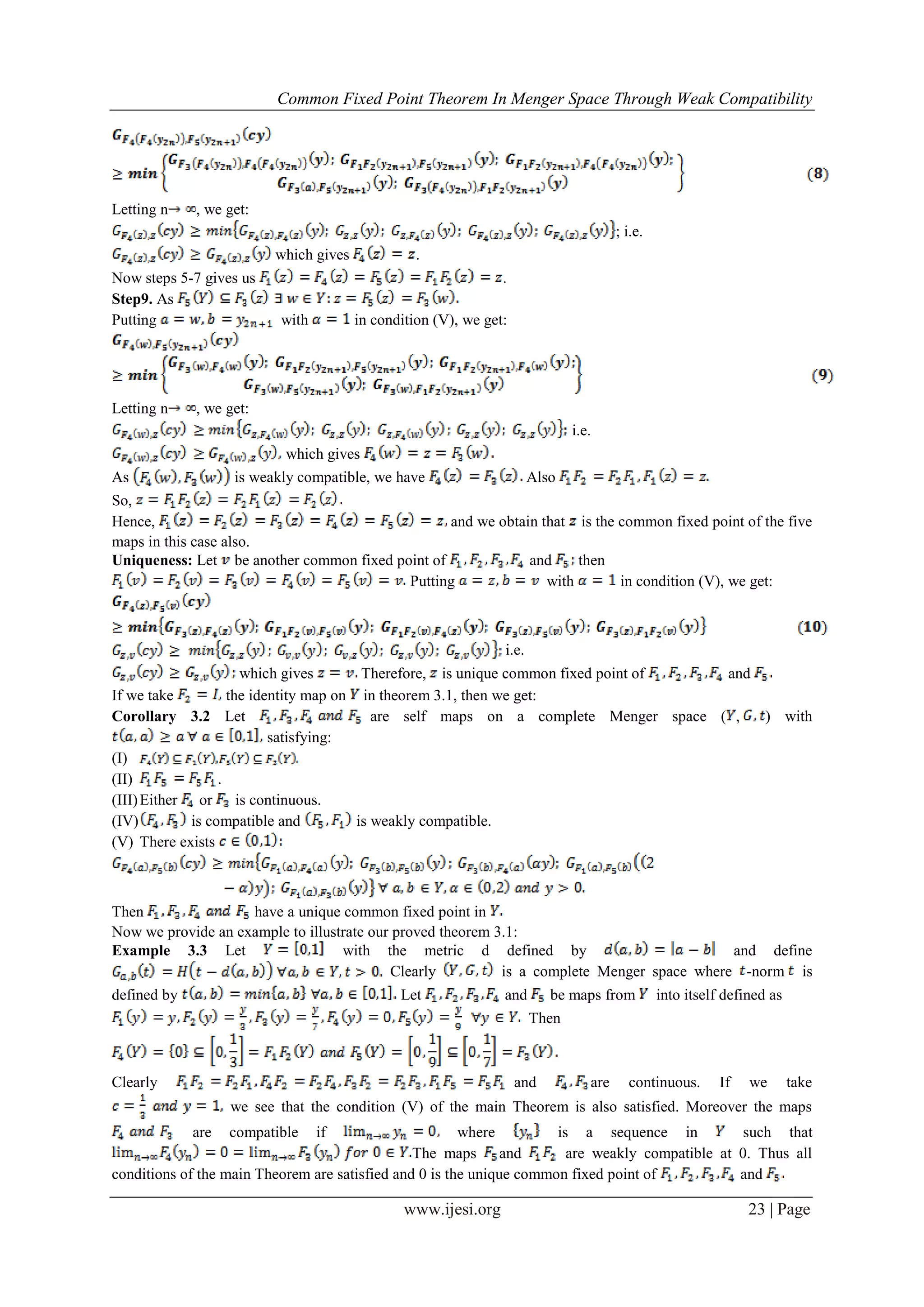 Common Fixed Point Theorem in Menger Space through weak Compatibility | PDF