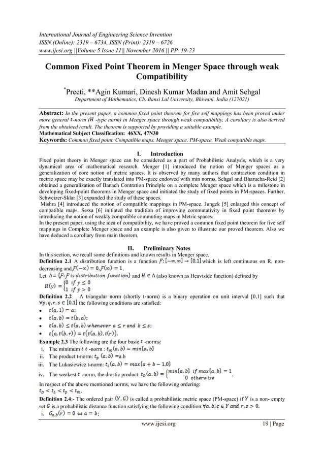 Common Fixed Point Theorem in Menger Space through weak Compatibility | PDF