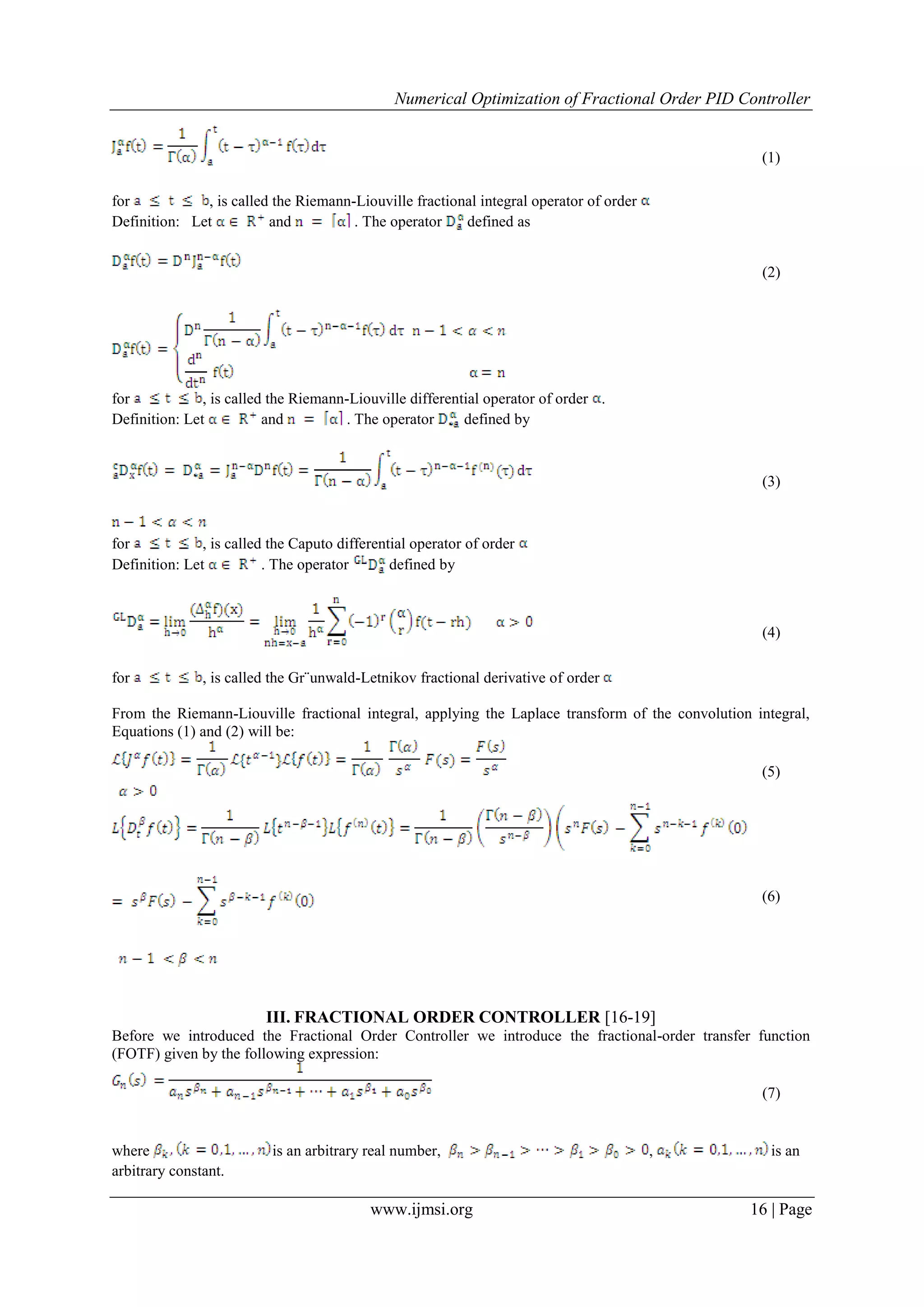 Numerical Optimization Of Fractional Order Pid Controller Pdf