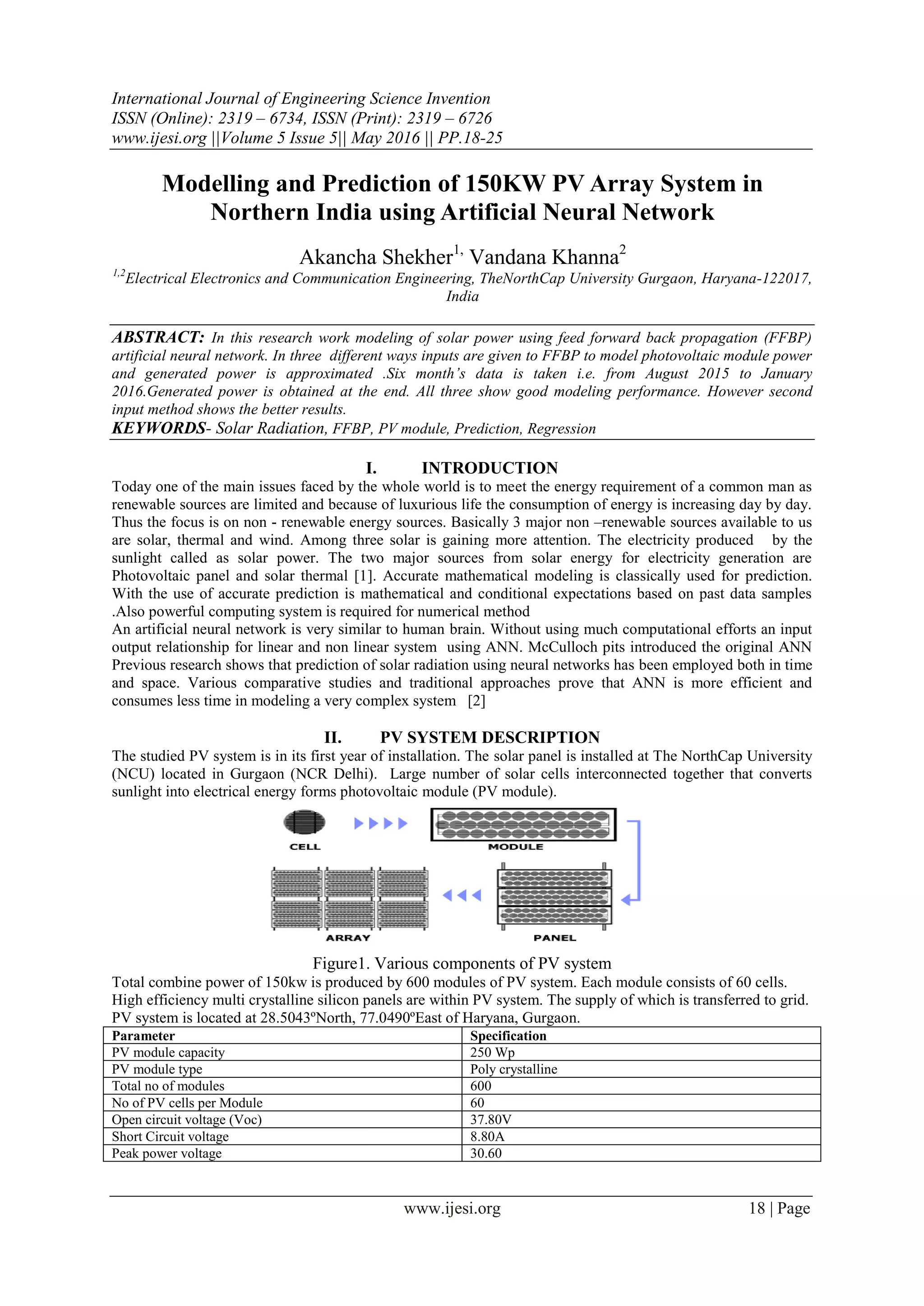Modelling and Prediction of 150KW PV Array System in Northern India using Artificial Neural ...