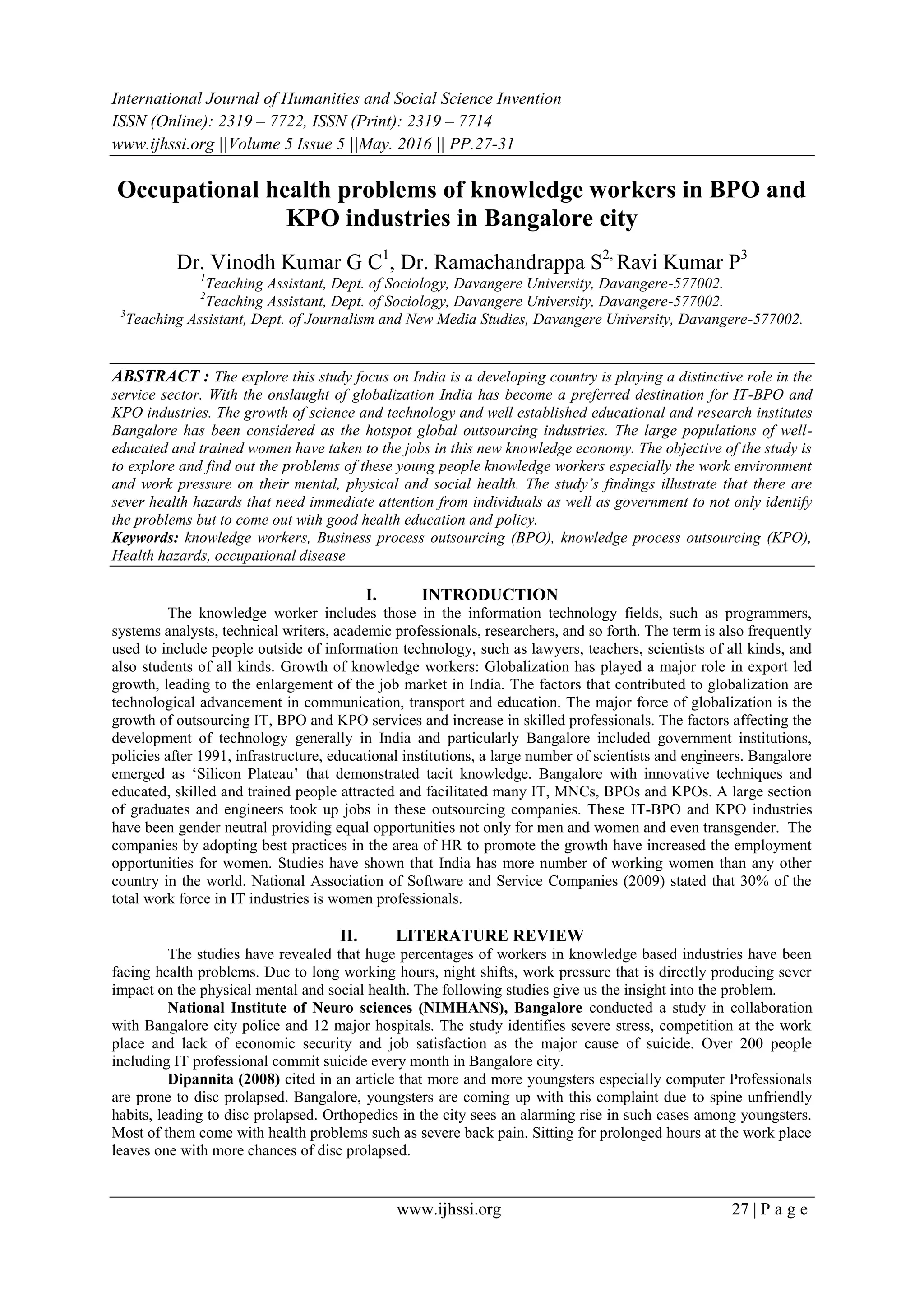 Occupational health problems of knowledge workers in BPO and KPO ...