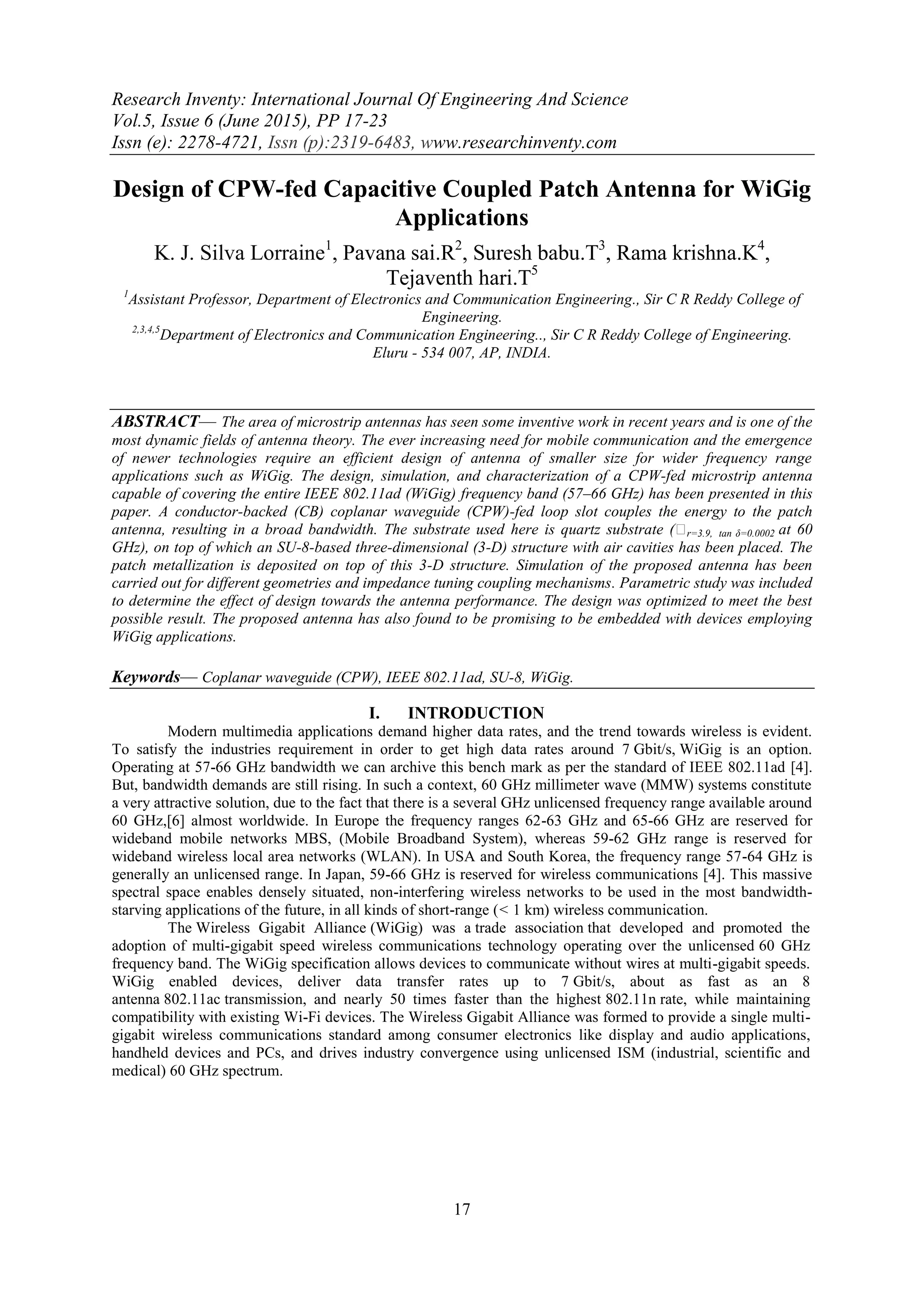 Design of CPW-fed Capacitive Coupled Patch Antenna for WiGig ...