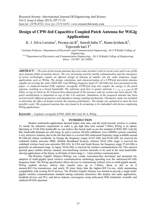 Design of CPW-fed Capacitive Coupled Patch Antenna for WiGig ...
