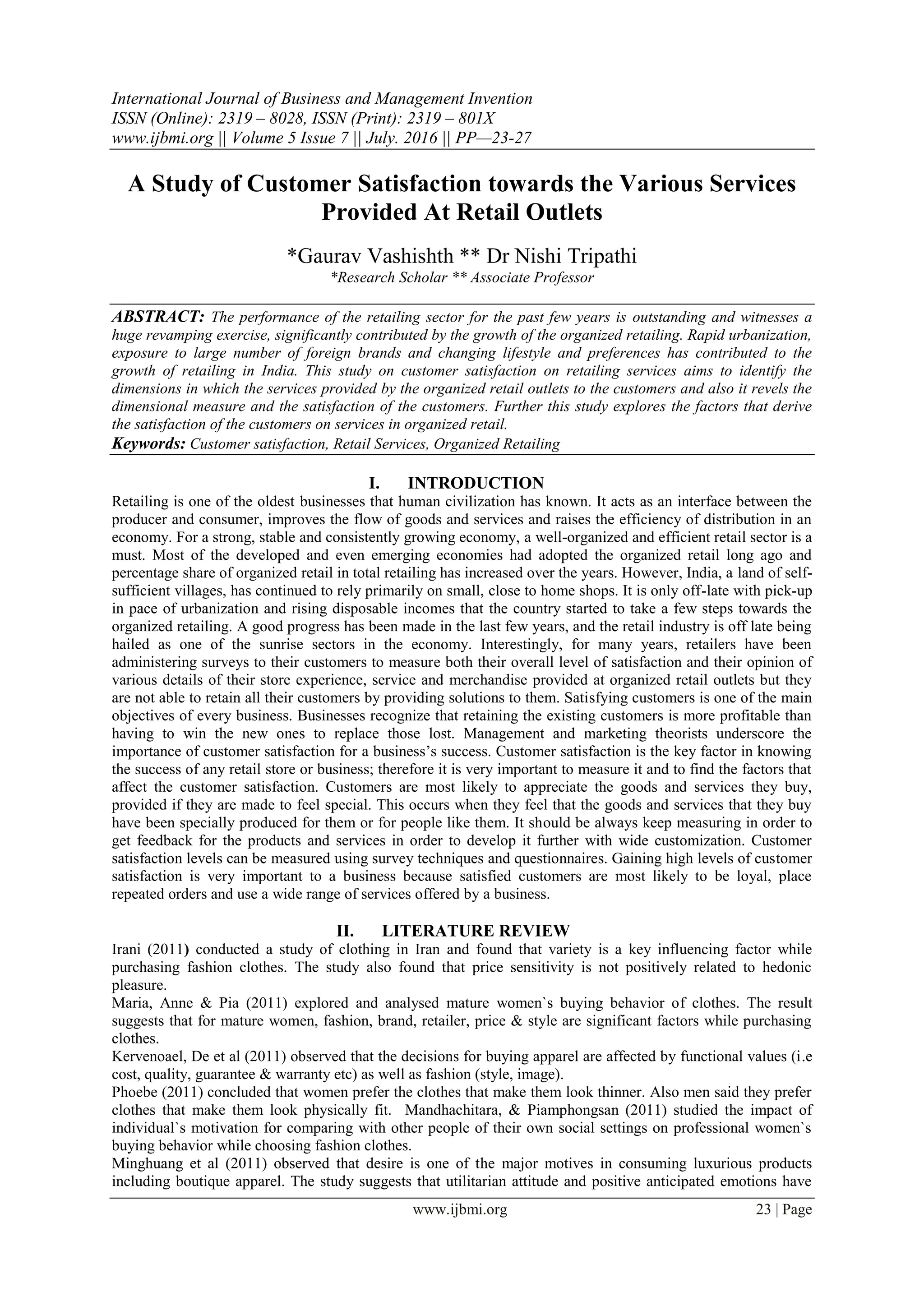 A Study of Customer Satisfaction towards the Various Services Provided ...
