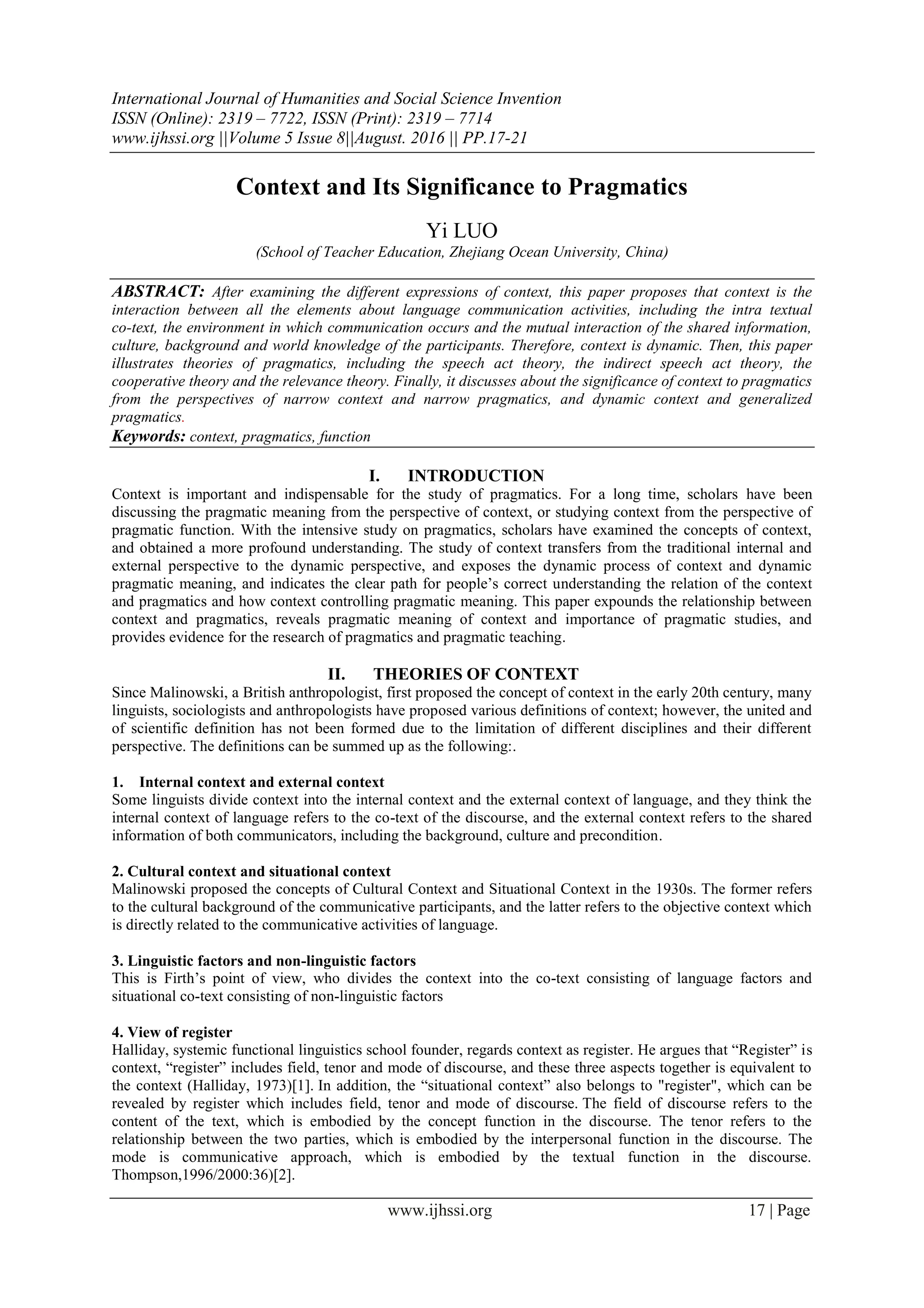 Context and Its Significance to Pragmatics | PDF