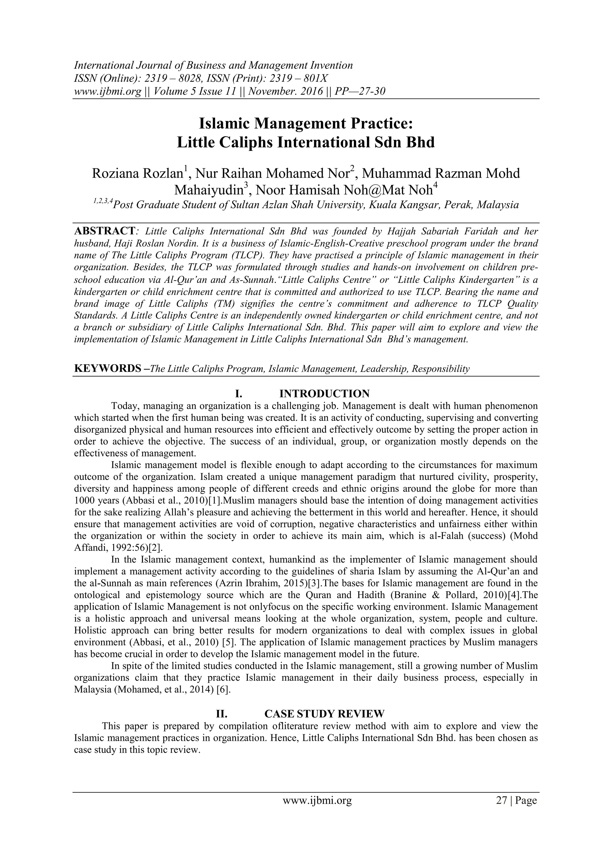 Islamic Management Practice: Little Caliphs International Sdn Bhd | PDF