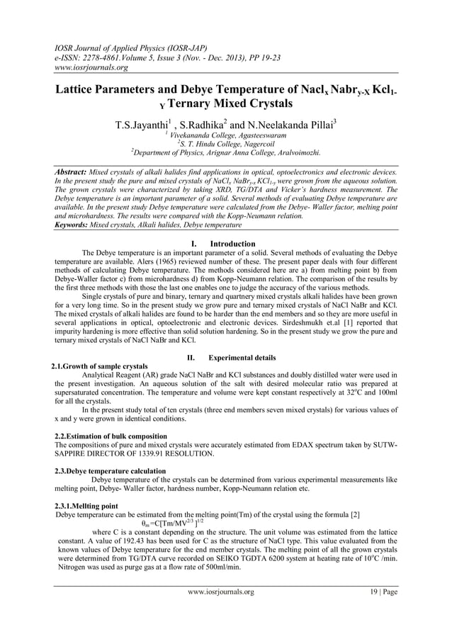 Lattice Parameters and Debye Temperature of Naclx Nabry-X Kcl1-Y ...
