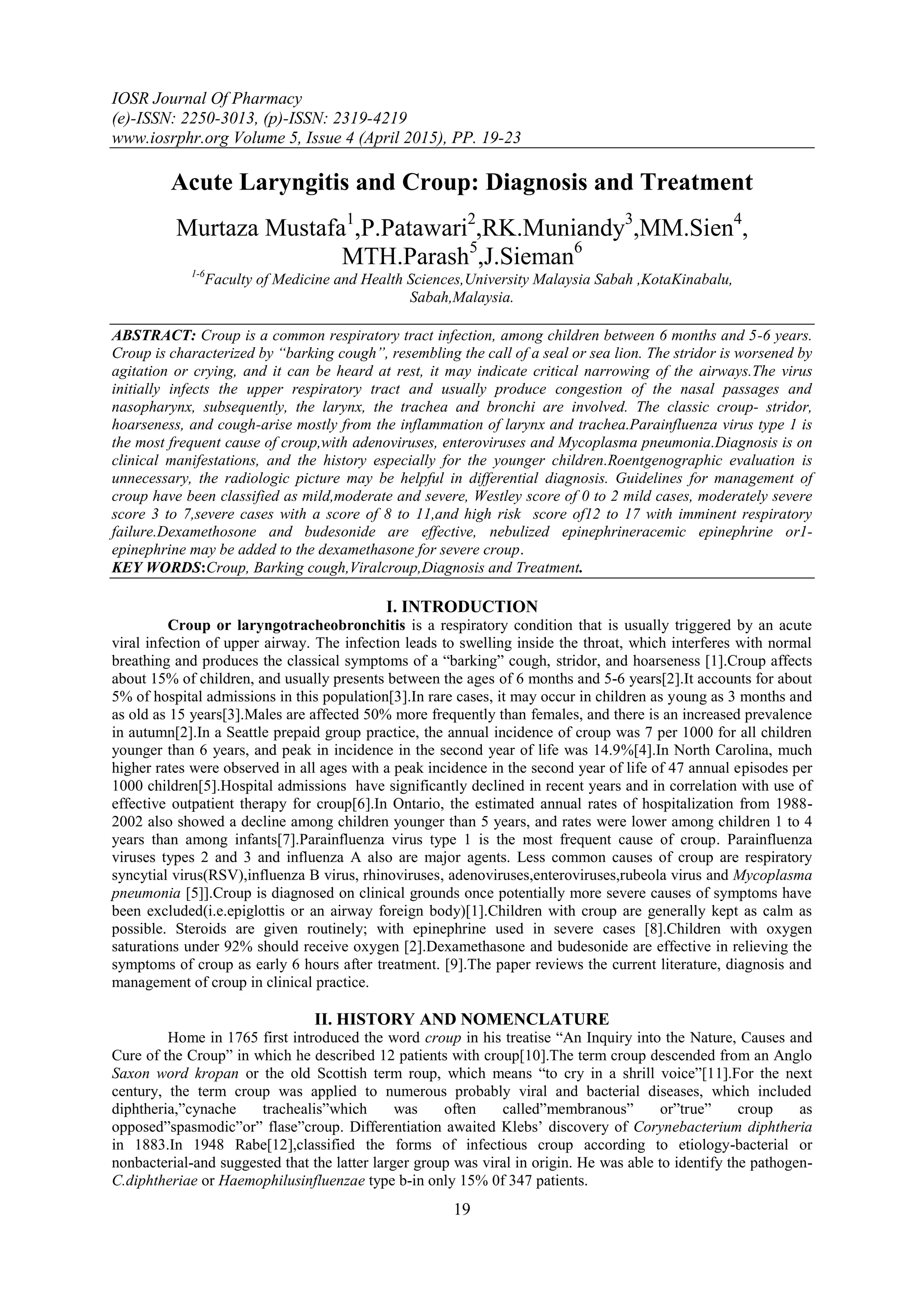 Acute Laryngitis and Croup: Diagnosis and Treatment | PDF