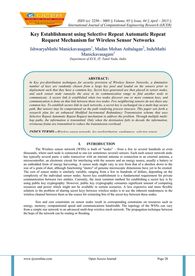 Key Establishment using Selective Repeat Automatic Repeat Request Mechanism for Wireless Sensor ...