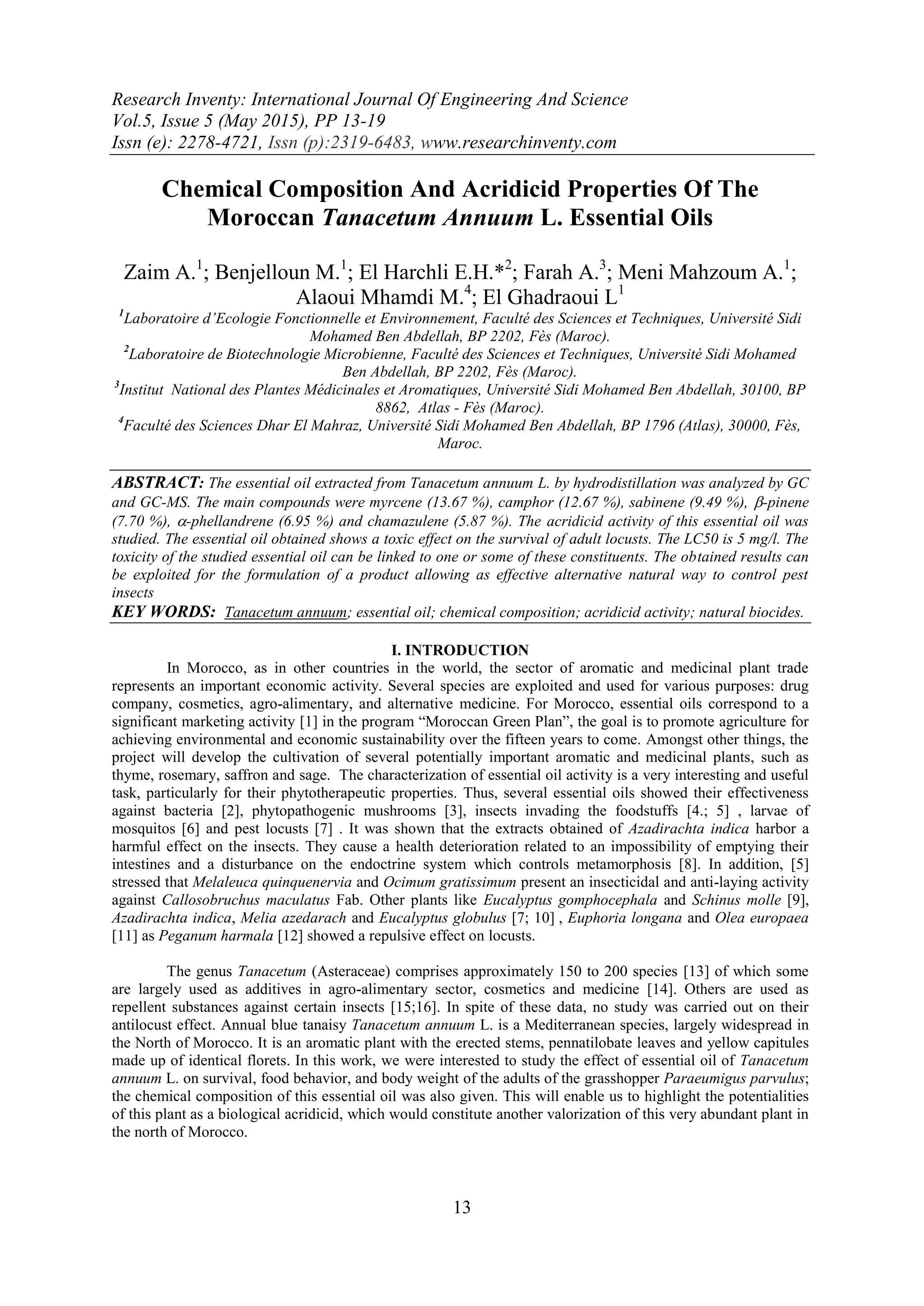 Chemical Composition And Acridicid Properties Of The Moroccan Tanacetum ...