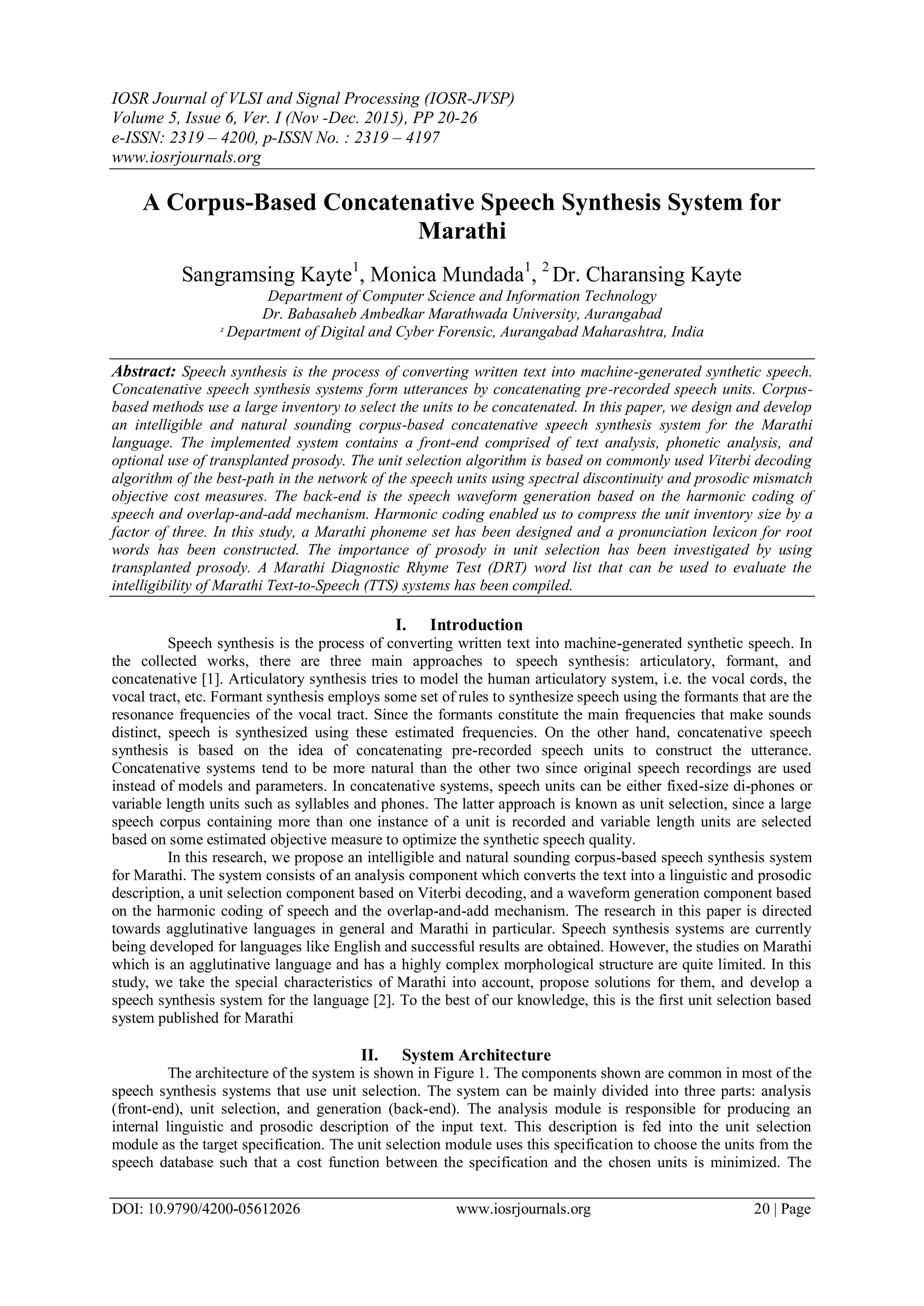 A Corpus-Based Concatenative Speech Synthesis System for Marathi | PDF