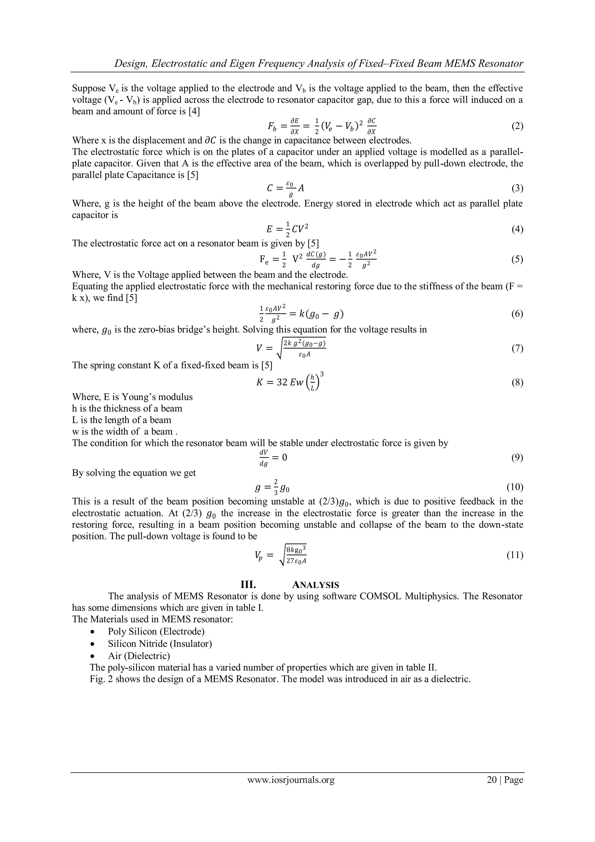 Design, Electrostatic and Eigen Frequency Analysis of Fixed– Fixed Beam MEMS Resonator | PDF