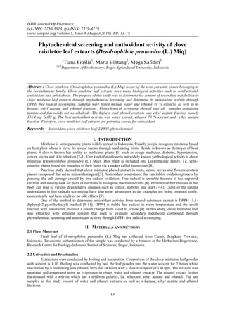 Phytochemical screening and antioxidant activity of clove mistletoe leaf extracts (Dendrophthoe ...
