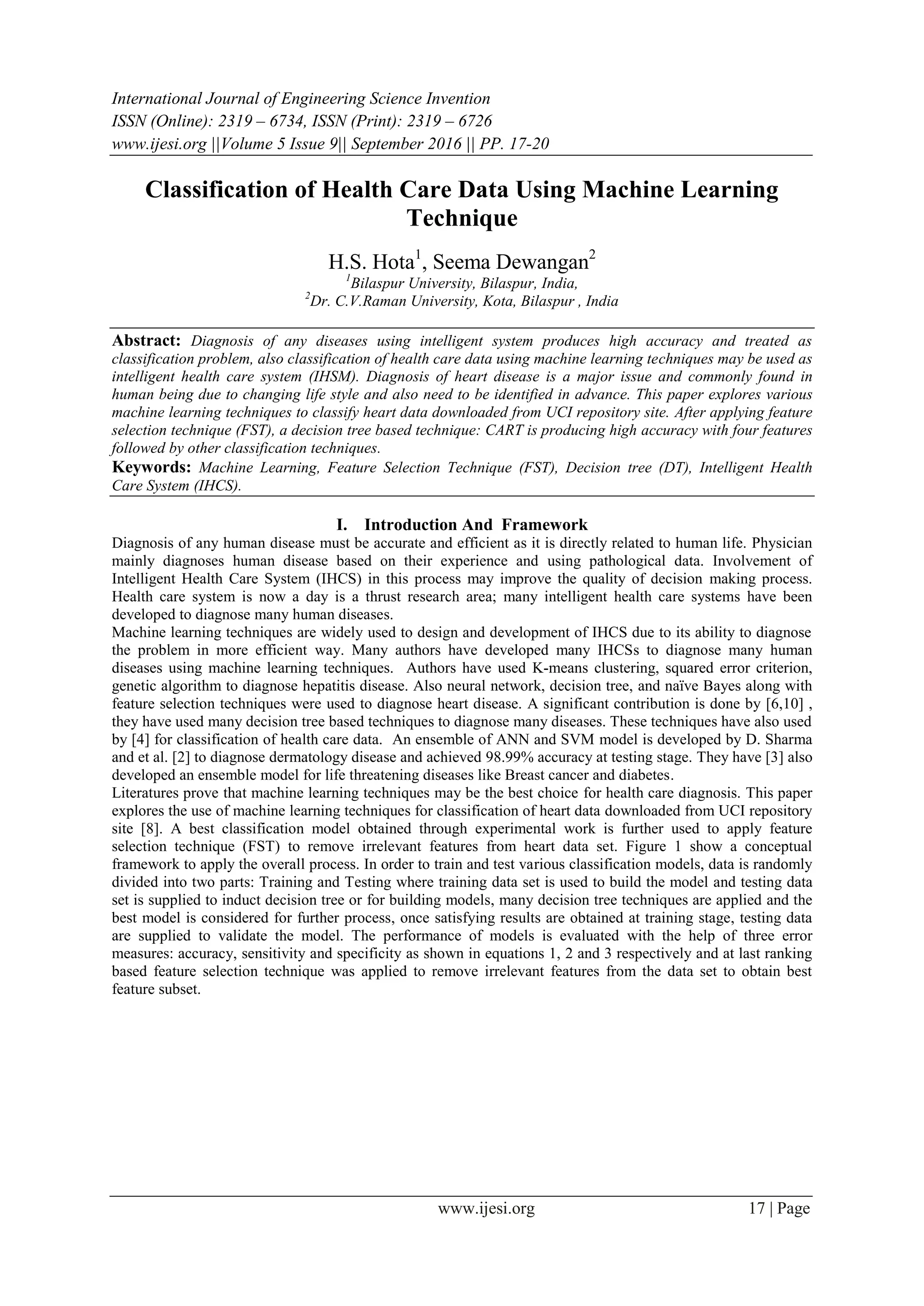 Classification of Health Care Data Using Machine Learning Technique | PDF