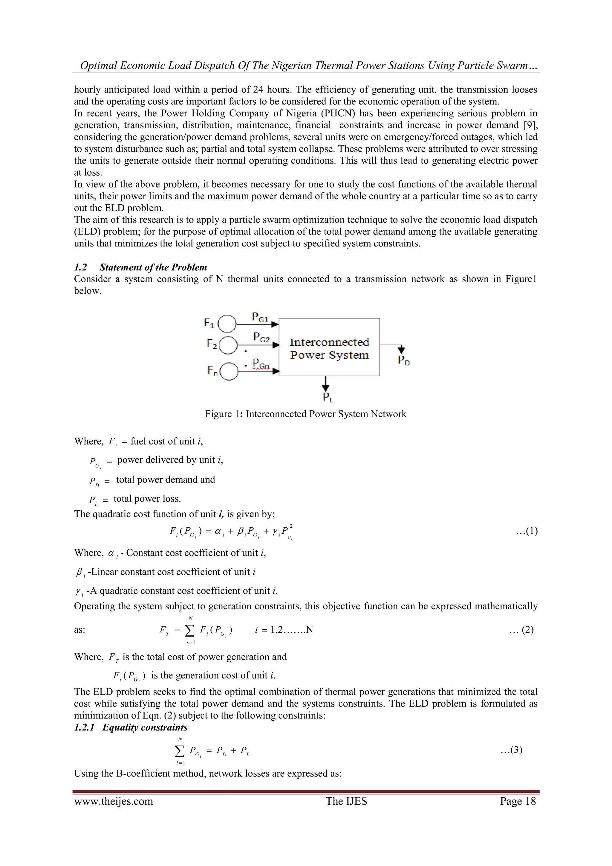 Optimal Economic Load Dispatch Of The Nigerian Thermal Power Stations Using Particle Swarm
