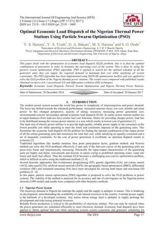 Optimal Economic Load Dispatch of the Nigerian Thermal Power Stations Using Particle Swarm ...