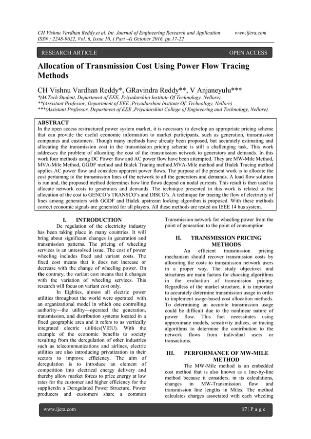 Allocation Of Transmission Cost Using Power Flow Tracing Methods Pdf