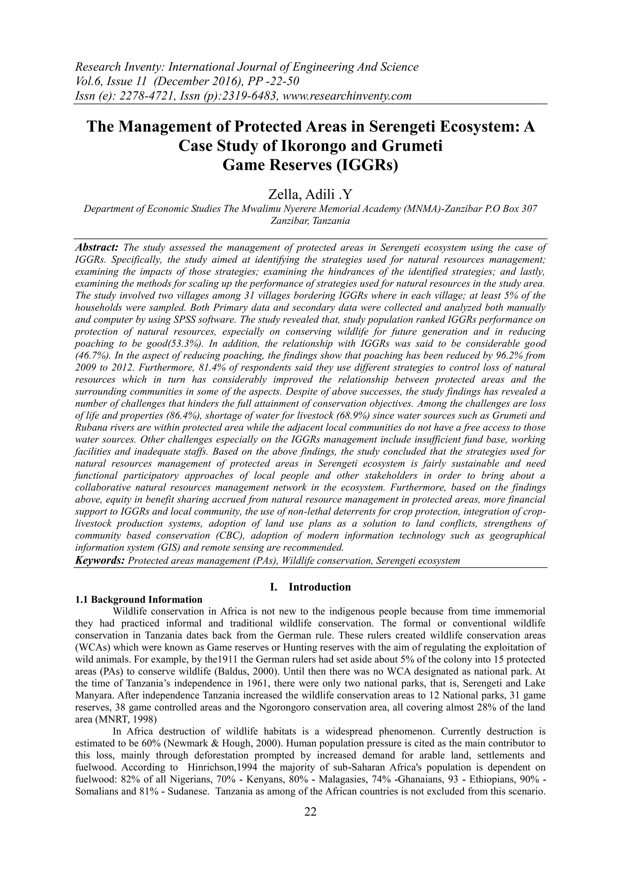 The Management of Protected Areas in Serengeti Ecosystem: A Case Study ...