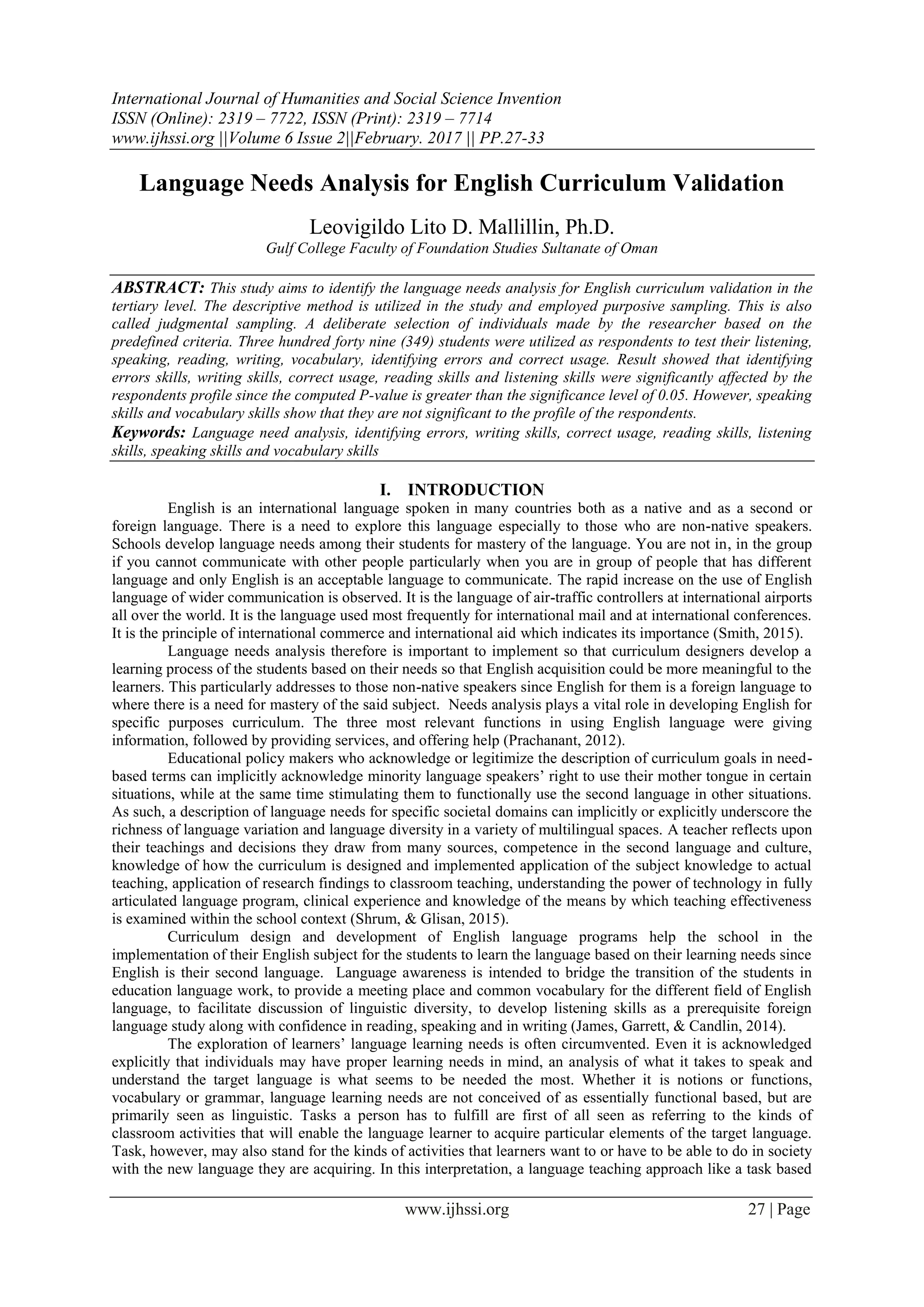 Language Needs Analysis for English Curriculum Validation | PDF