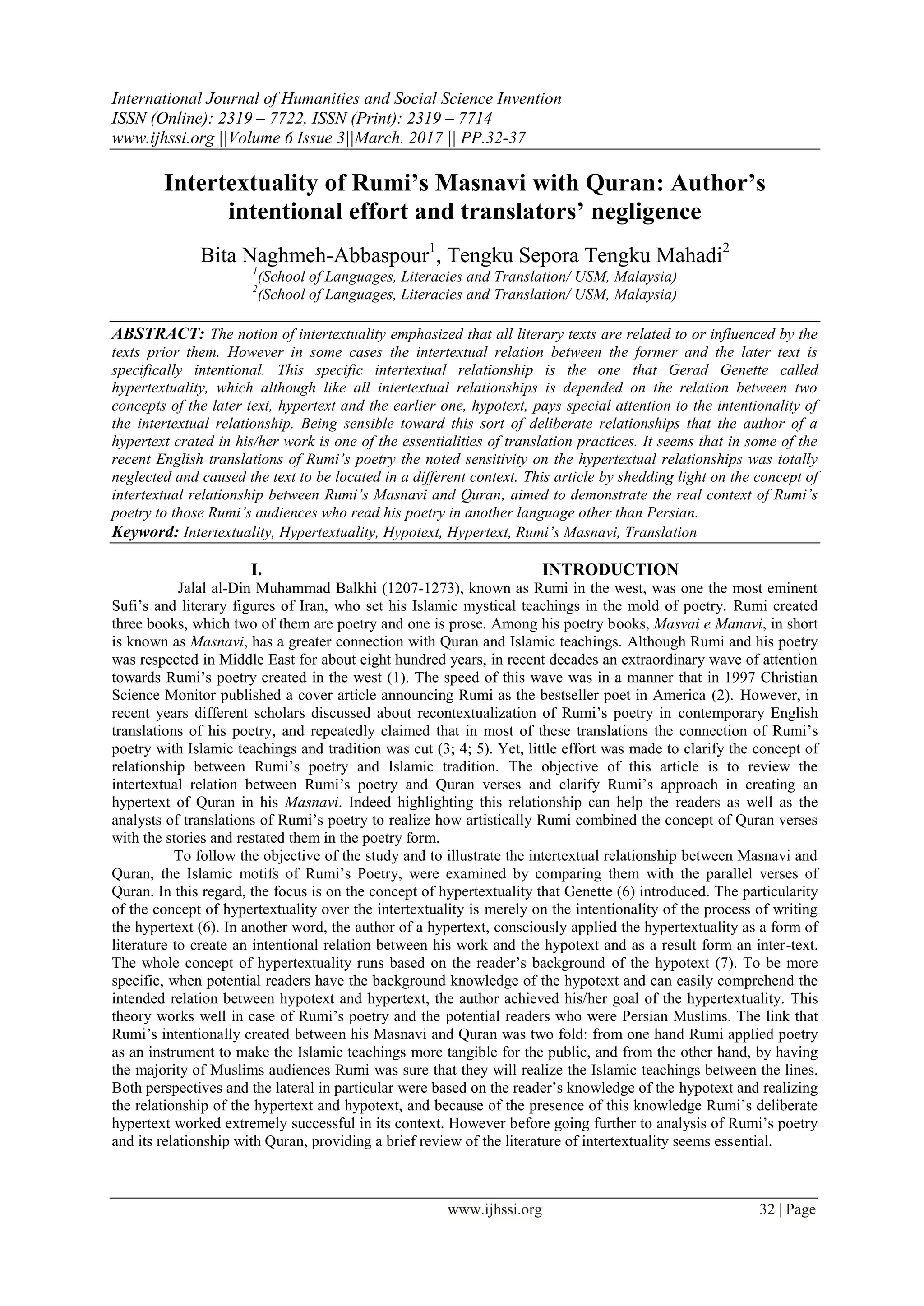 Intertextuality of Rumi’s Masnavi with Quran: Author’s intentional ...