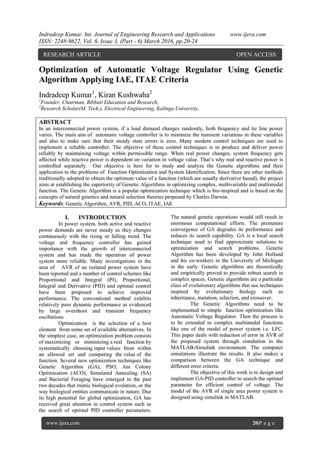 Optimization of Automatic Voltage Regulator Using Genetic Algorithm Applying IAE, ITAE Criteria ...