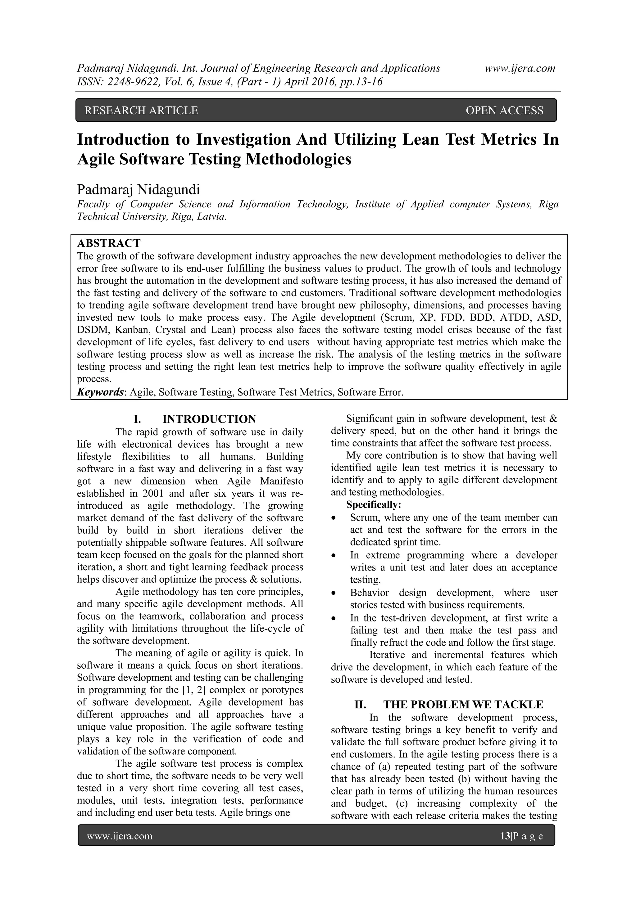 Introduction To Investigation And Utilizing Lean Test Metrics In Agile