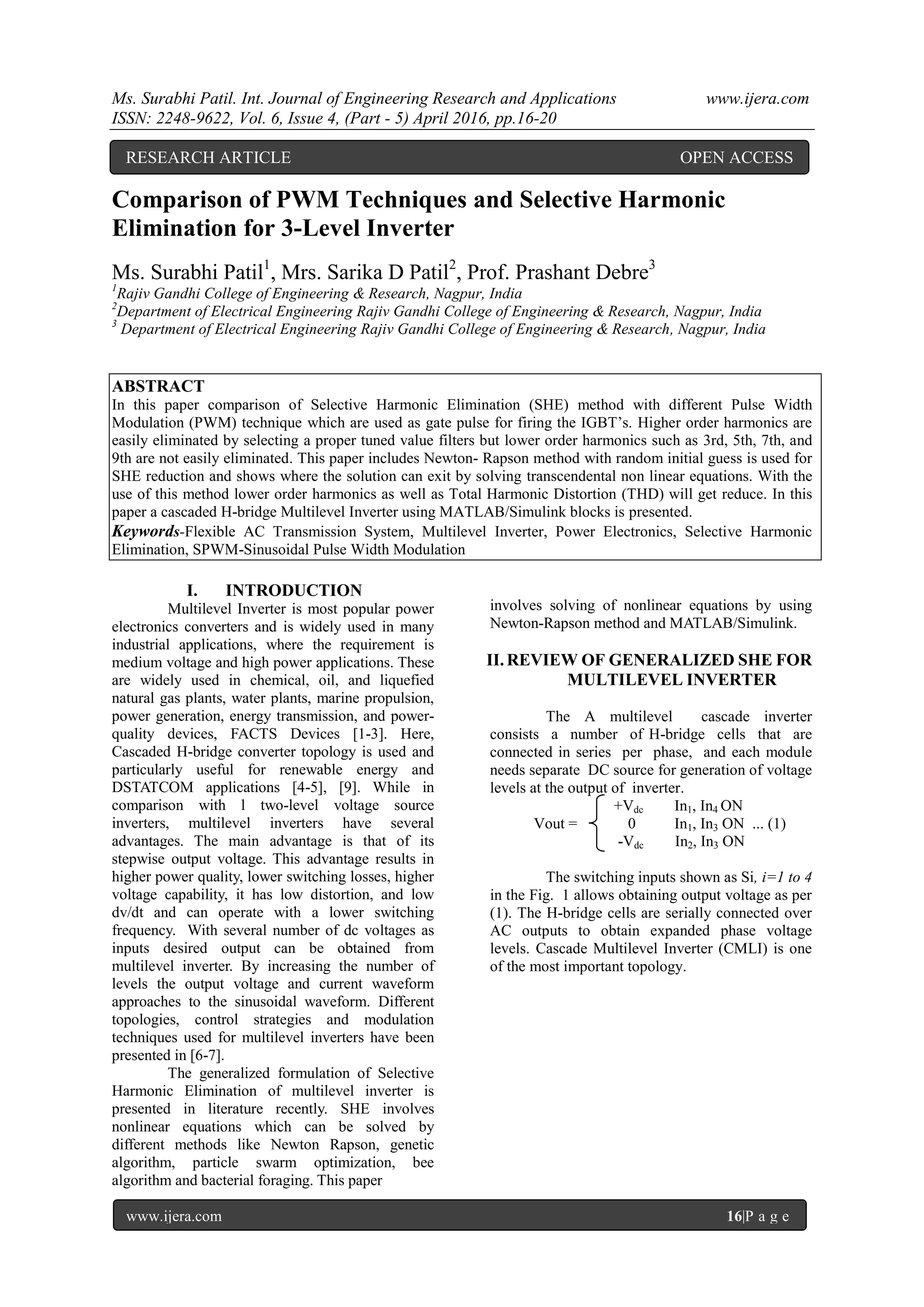 Comparison of PWM Techniques and Selective Harmonic Elimination for 3-Level Inverter | PDF