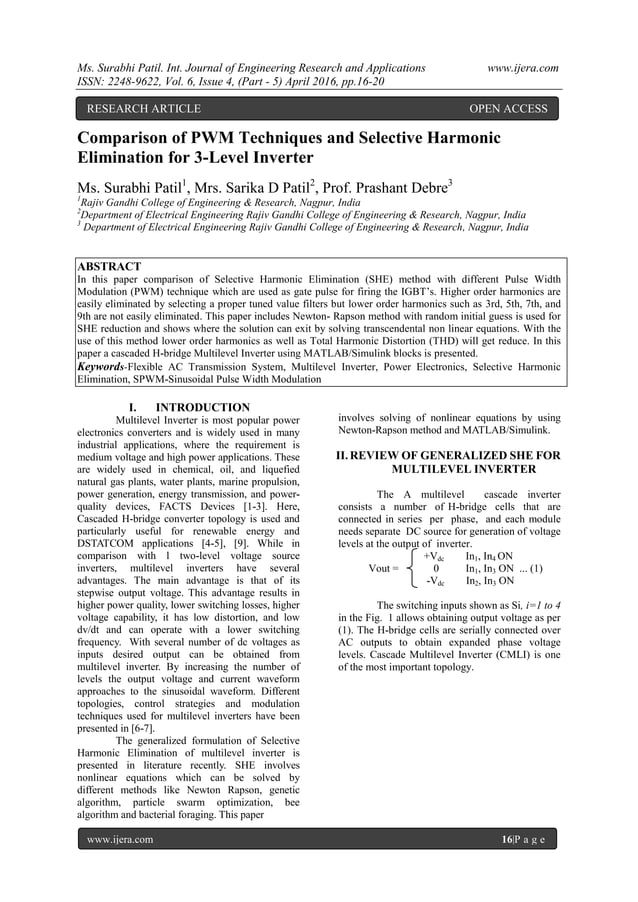 Comparison of PWM Techniques and Selective Harmonic Elimination for 3-Level Inverter | PDF