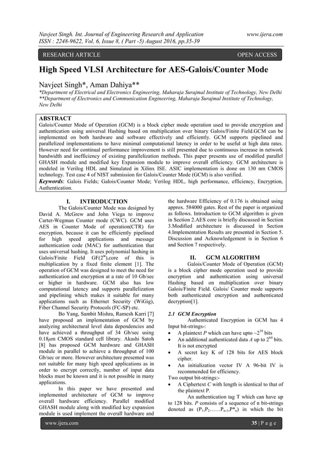 High Speed Vlsi Architecture For Aes Galoiscounter Mode Pdf Programming Languages Computing