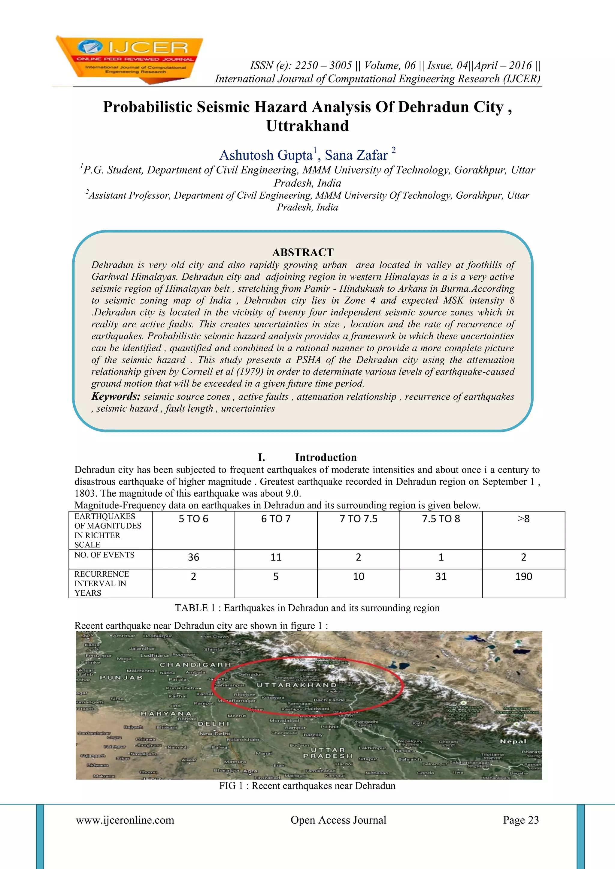 Probabilistic Seismic Hazard Analysis Of Dehradun City , Uttrakhand | PDF