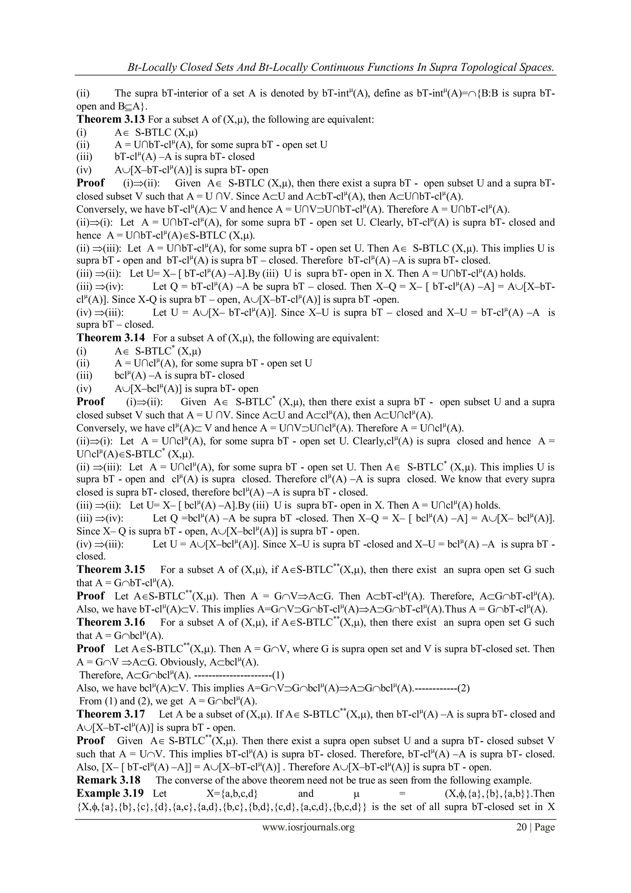 bT-Locally Closed Sets and bT-Locally Continuous Functions In Supra Topological Spaces. | PDF