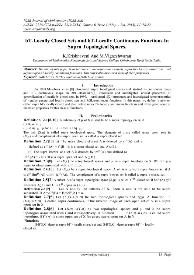 bT-Locally Closed Sets and bT-Locally Continuous Functions In Supra Topological Spaces. | PDF