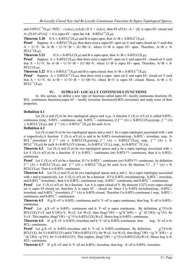 bT-Locally Closed Sets and bT-Locally Continuous Functions In Supra Topological Spaces. | PDF