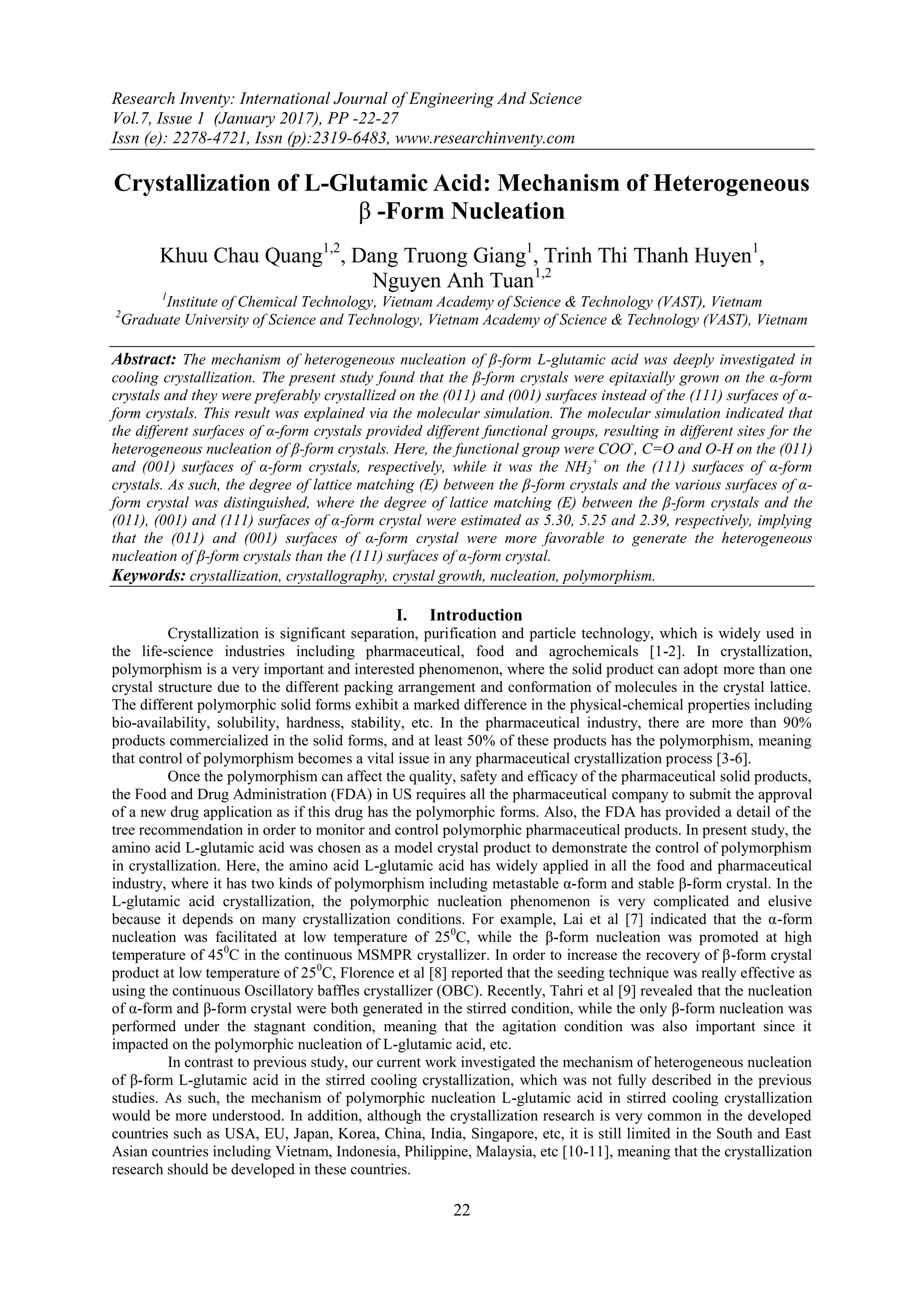 Crystallization of L-Glutamic Acid: Mechanism of Heterogeneous β -Form Nucleation | PDF
