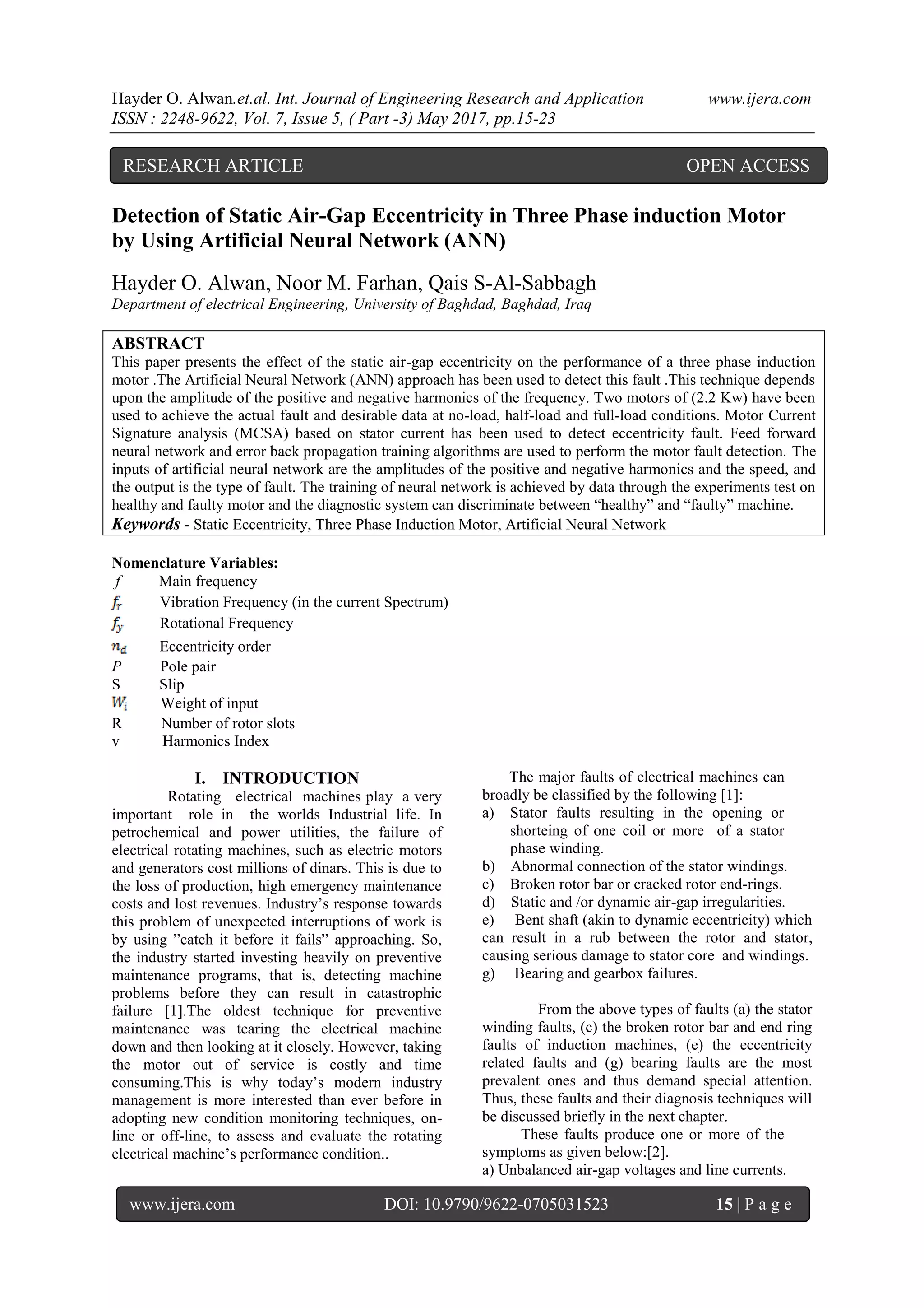 Detection Of Static Air Gap Eccentricity In Three Phase Induction Motor By Using Artificial