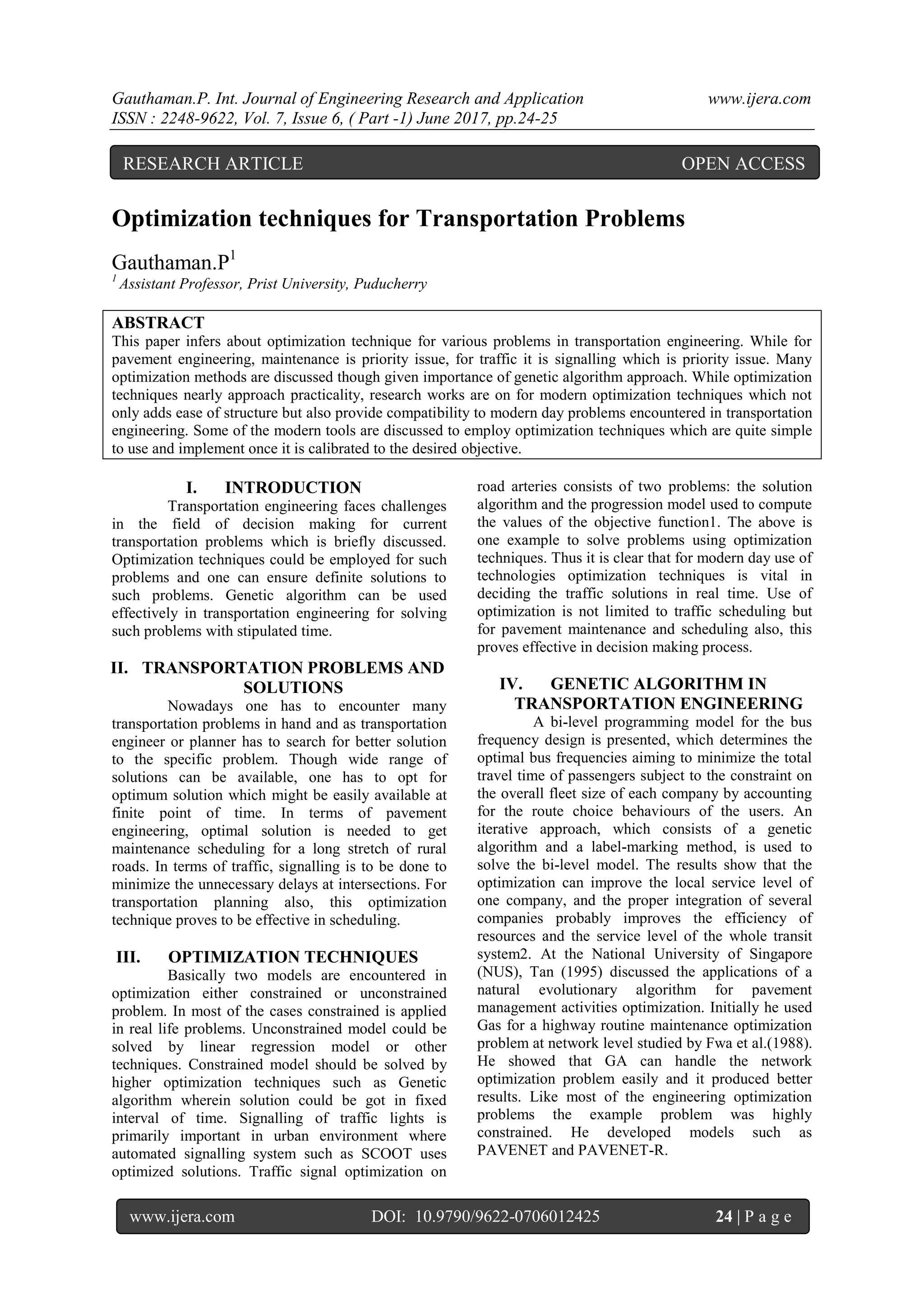 Optimization techniques for Transportation Problems | PDF