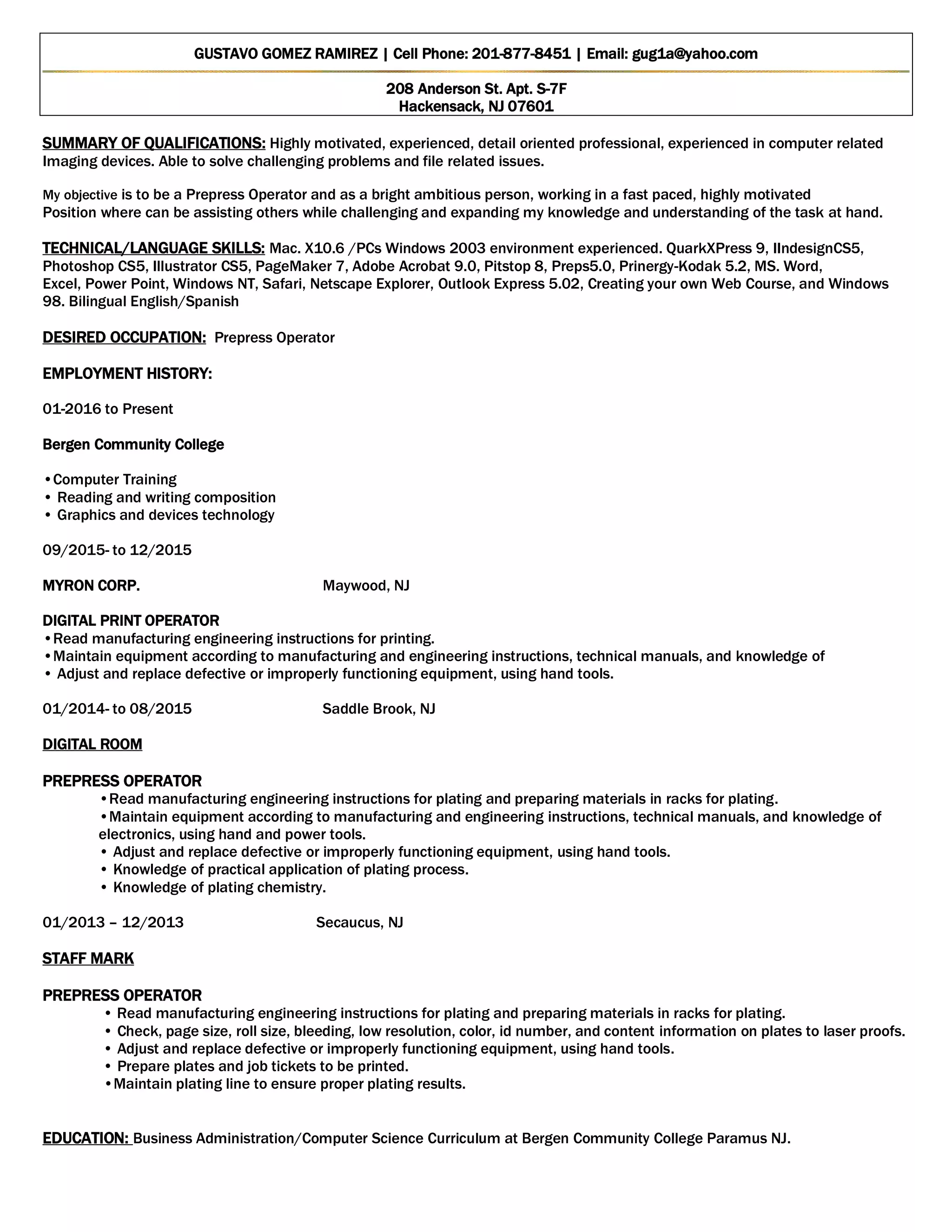 GUSTAVO GOMEZ-Resume-Prepress Operator-10-01-16 | PDF