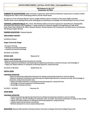 GUSTAVO GOMEZ-Resume-Prepress Operator-10-01-16 | PDF